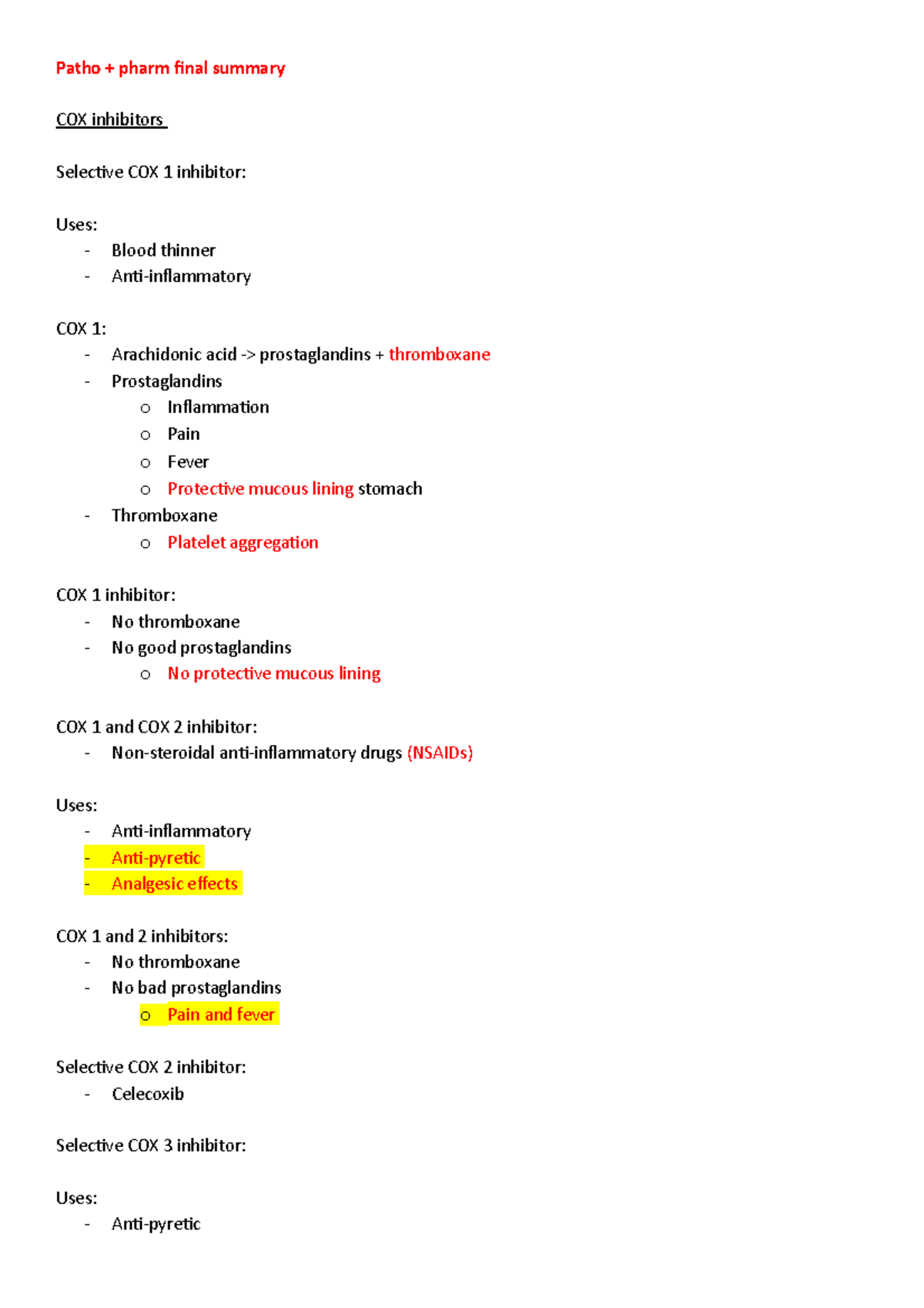 Patho 1 final summary - Patho + pharm final summary COX inhibitors ...