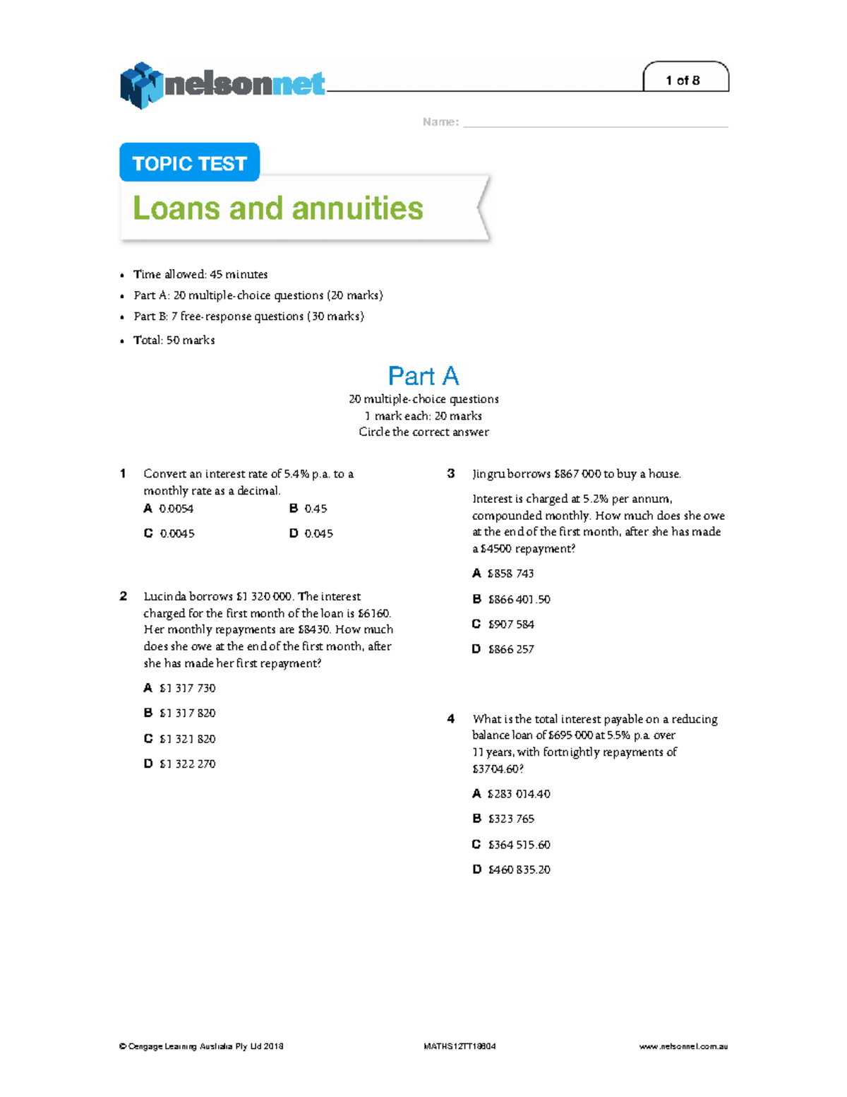 12 Loans and Annuities - TRIAL REVISION WORKSHEET - Name