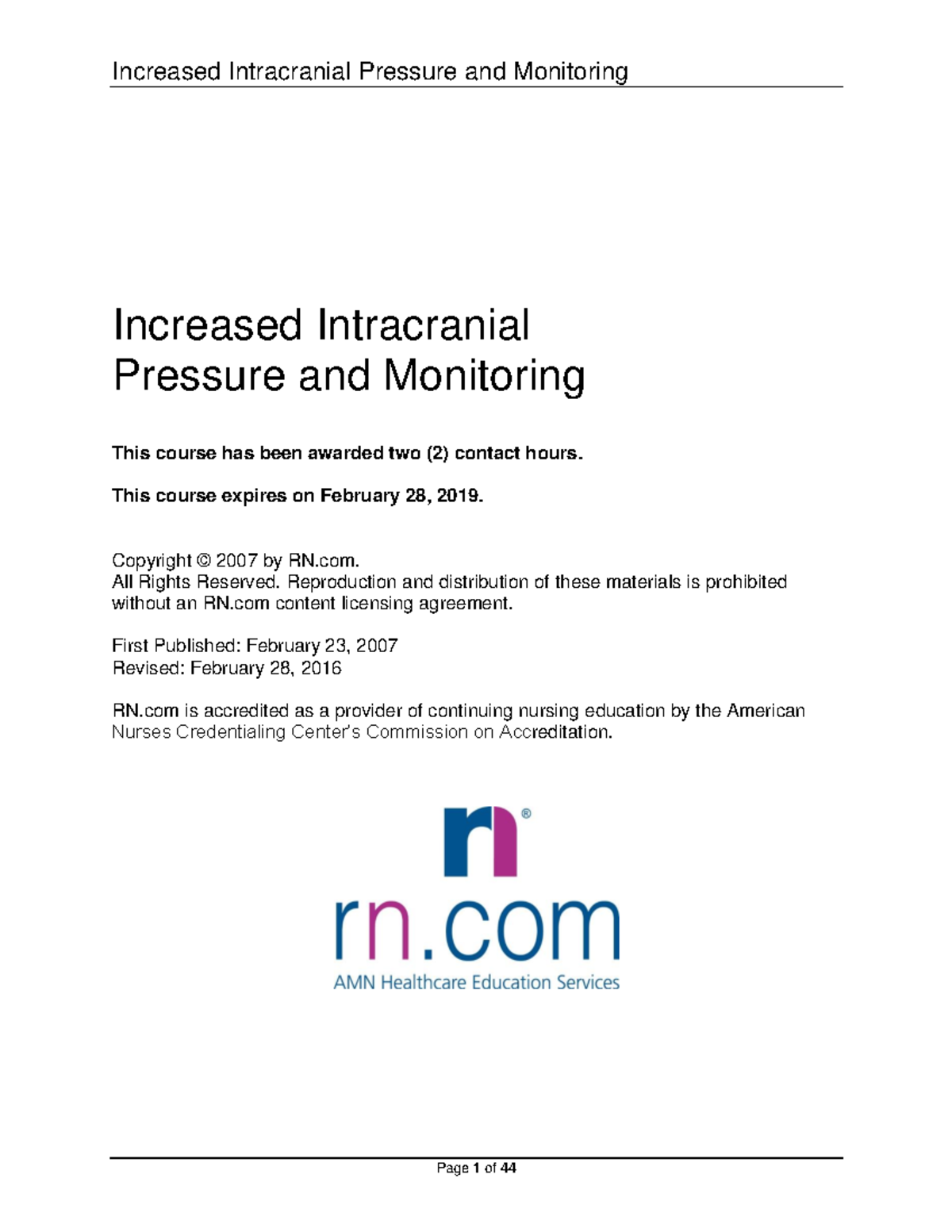 Increased ICP - ICP lecture - Increased Intracranial Pressure and Monitoring This course has ...
