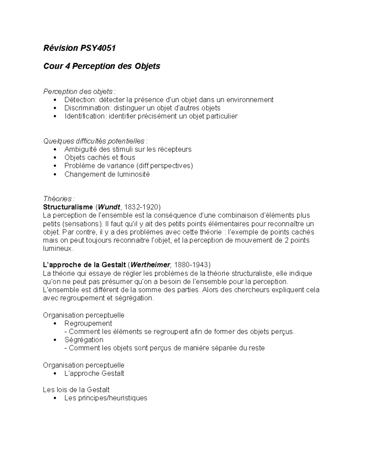 Résume Perception Objets PSY4051 - Révision PSY Cour 4 Perception des ...