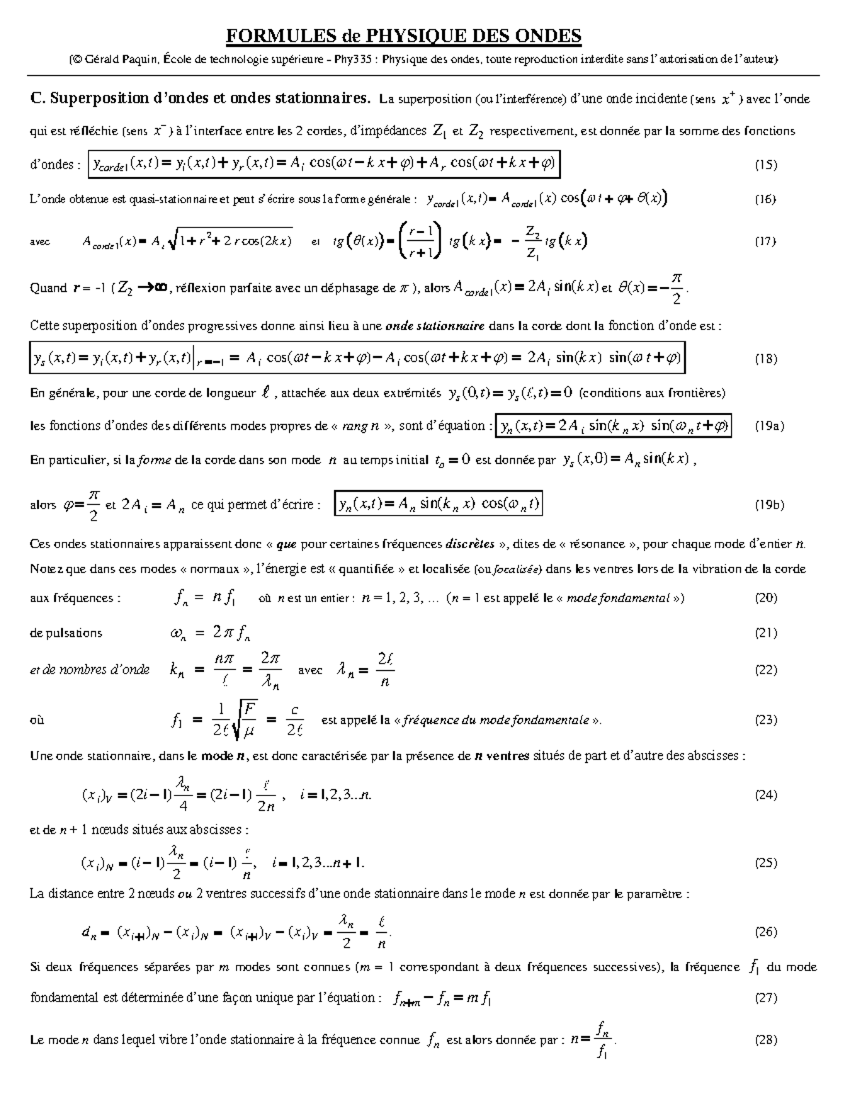 Bloc A - Formules - Ondes stationnaires - FORMULES de PHYSIQUE DES ...