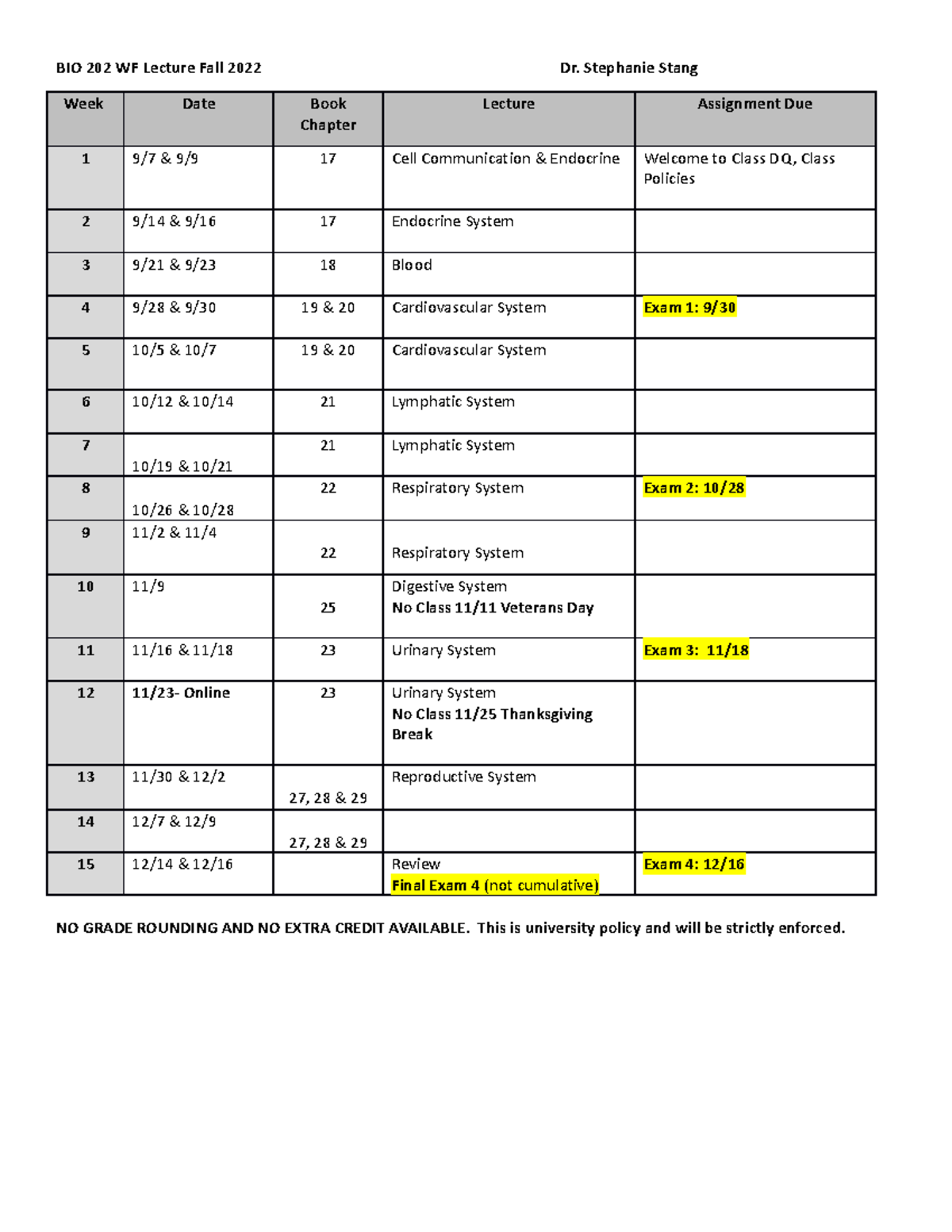 BIO 202 Fall 22 Schedule - BIO 202 WF Lecture Fall 2022 Dr. Stephanie ...