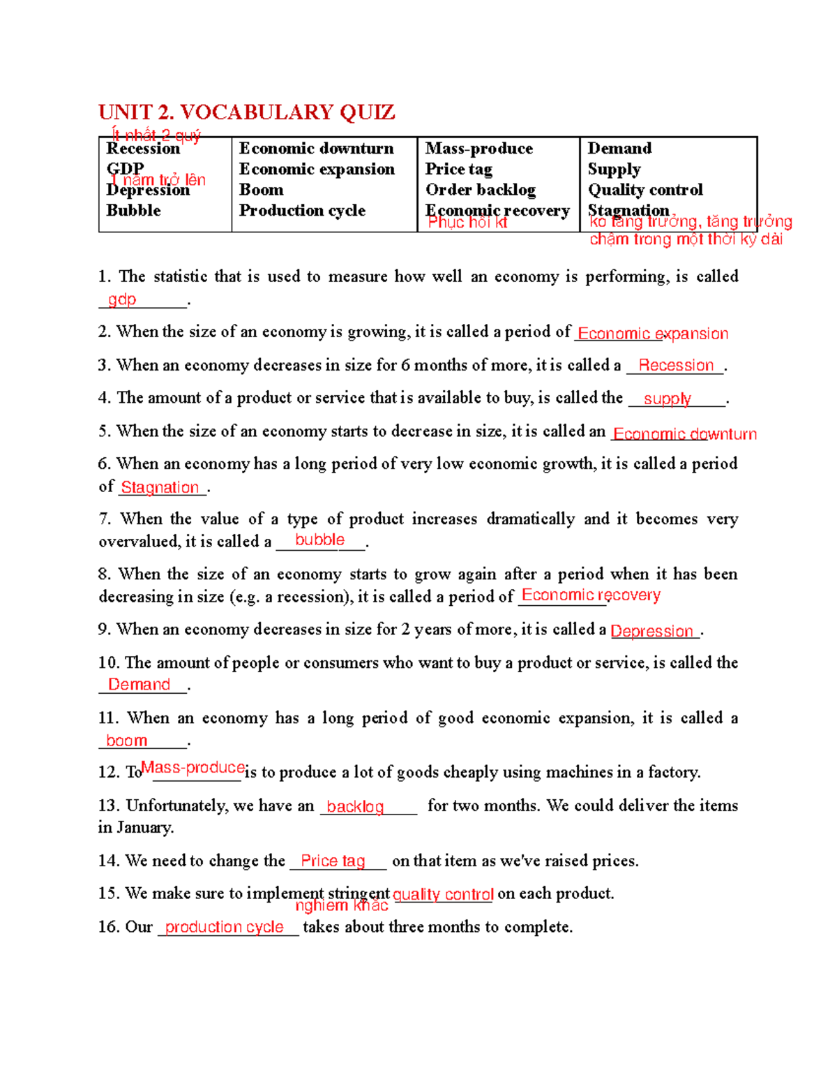 UNIT 2. Lesson 2 - Practices - UNIT 2. VOCABULARY QUIZ Recession GDP ...