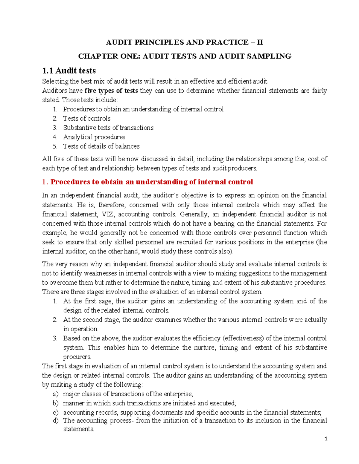 Audit 1 - Accounting - AUDIT PRINCIPLES AND PRACTICE – II CHAPTER ONE ...