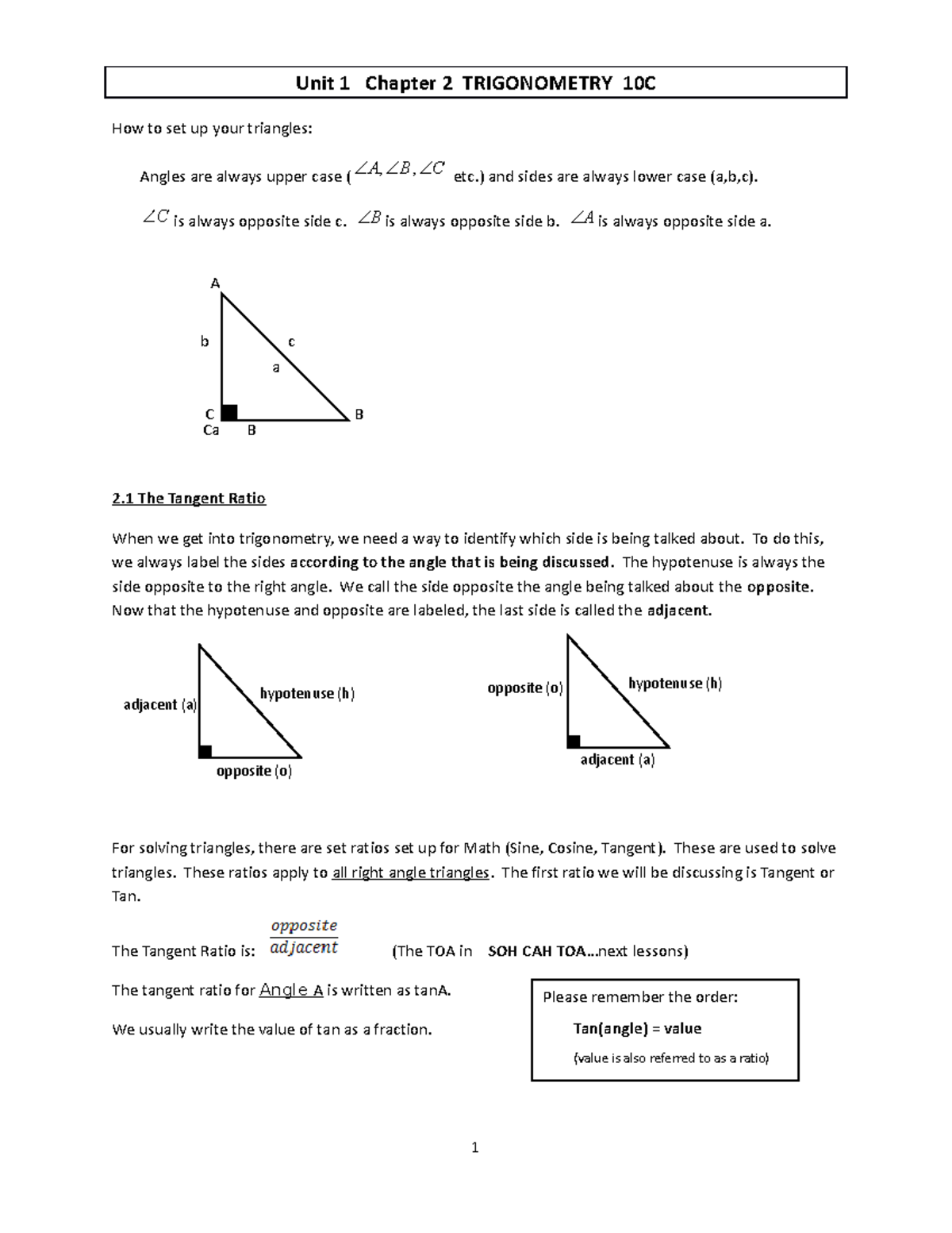 2019 handout AO - notes - Unit 1 Chapter 2 TRIGONOMETRY 10C How to set ...