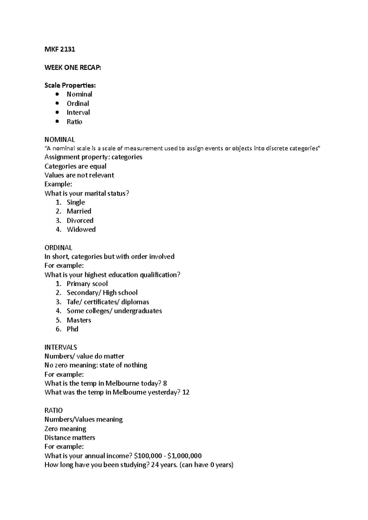 MKF 2131 Notes - MKF 2131 WEEK ONE RECAP: Scale Properties: Nominal ...