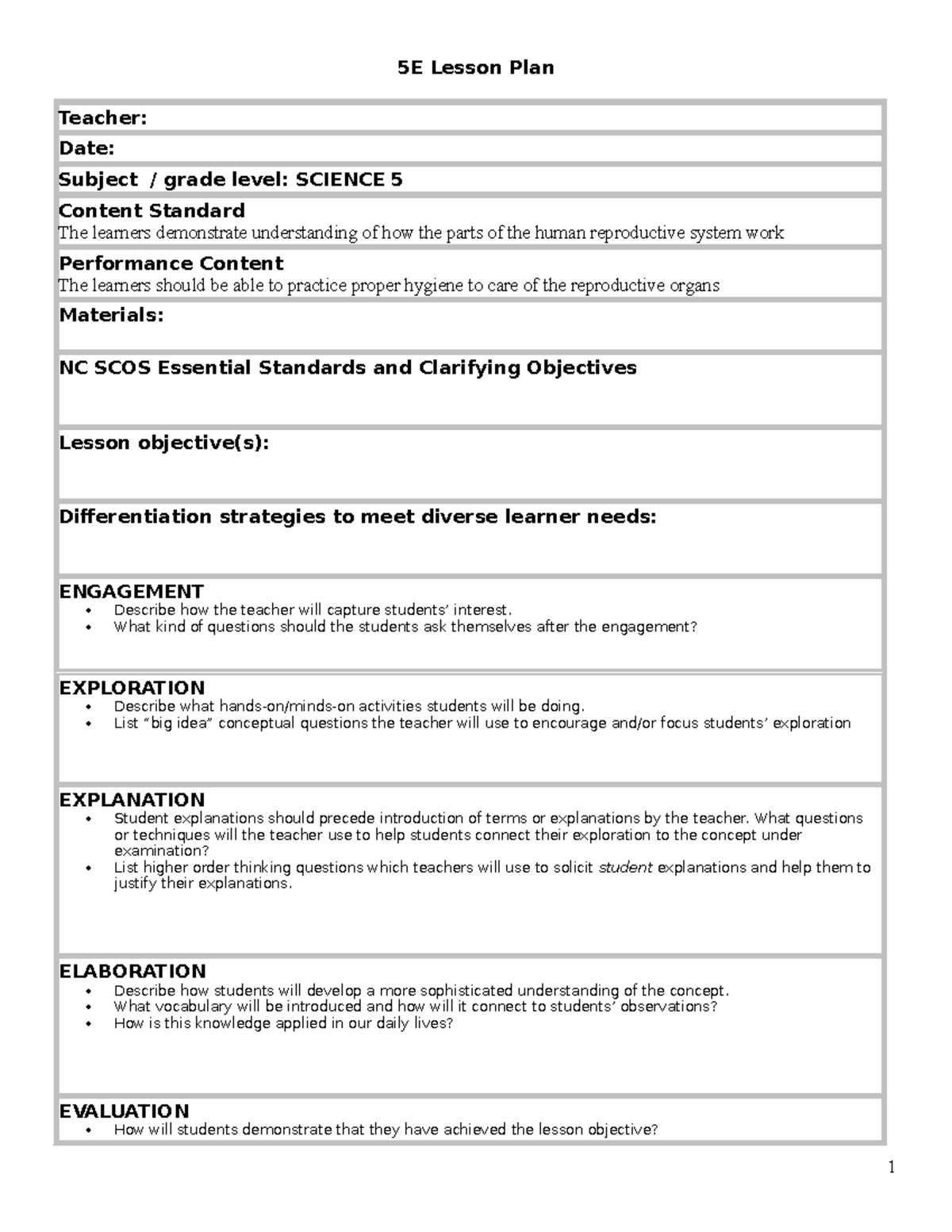 Lesson Plan 5EXtemplate - 5E Lesson Plan Teacher: Date: Subject / grade ...