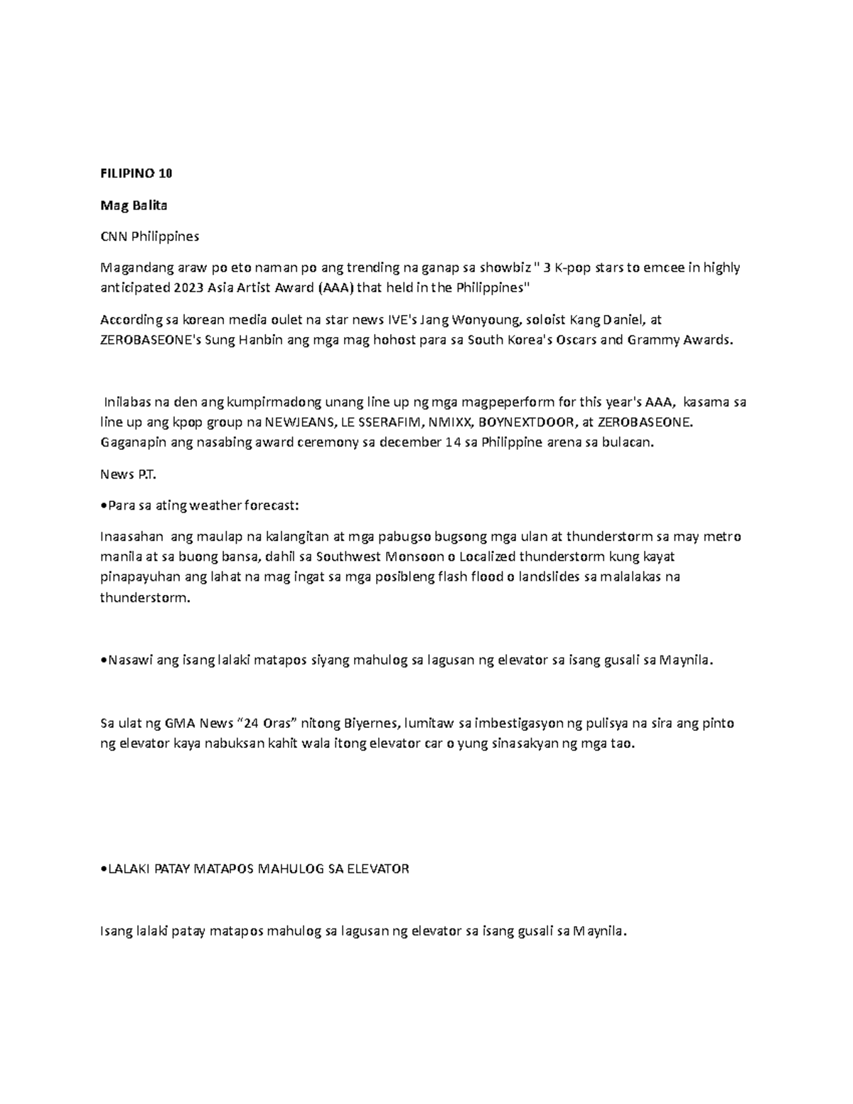 Document - DETAILS - FILIPINO 10 Mag Balita CNN Philippines Magandang ...