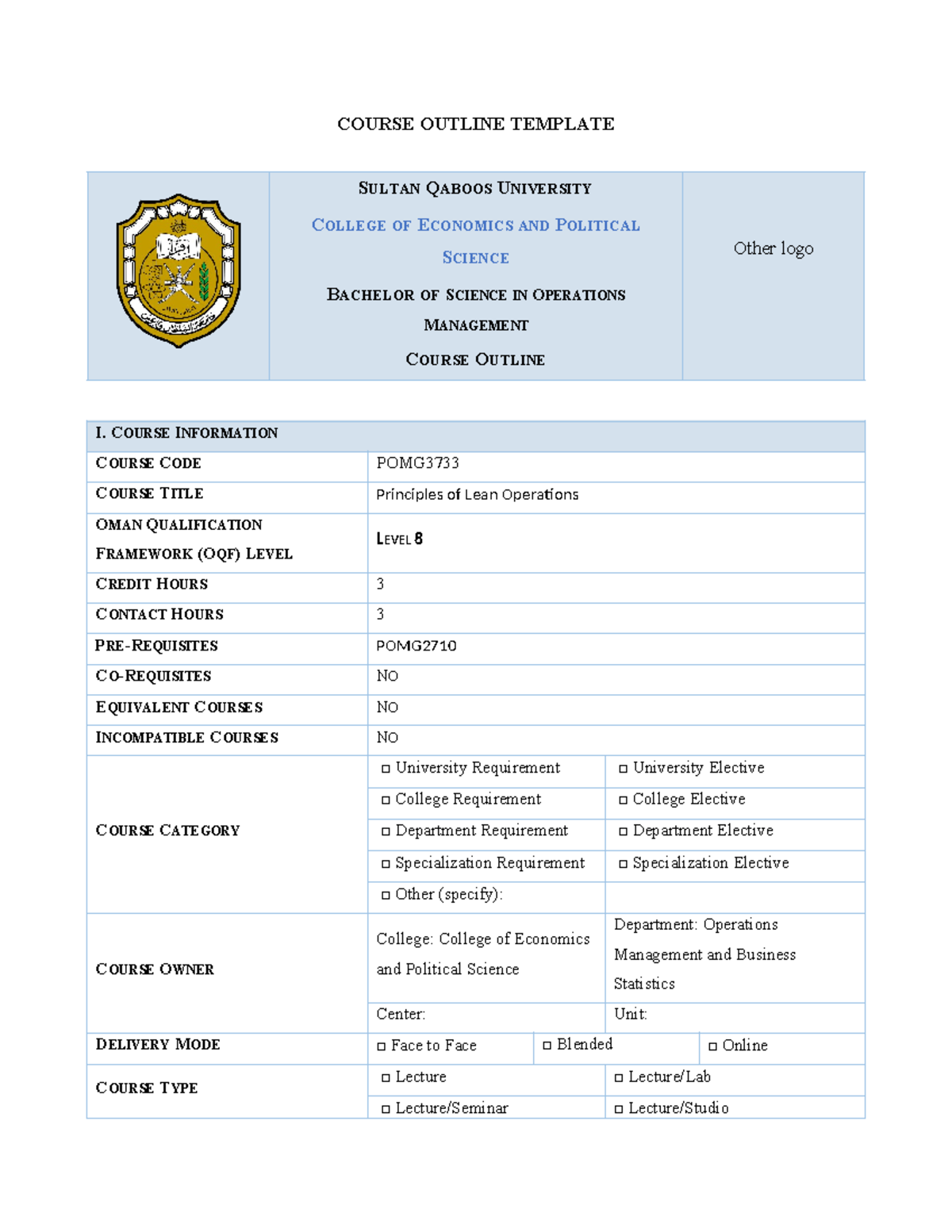 POMG3733 - OOO - COURSE OUTLINE TEMPLATE SULTAN QABOOS UNIVERSITY ...