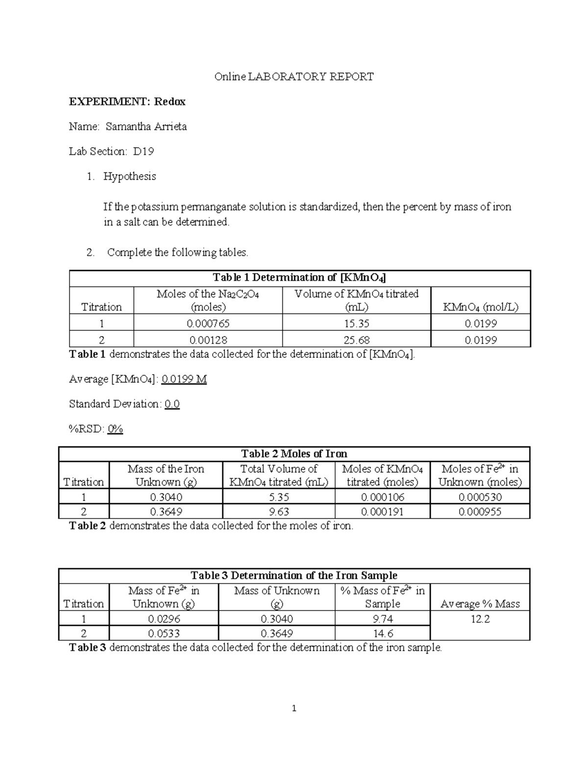 Exp Redox numbers only - NSU CHEM 1300 Lab Report - 1 Online LABORATORY ...