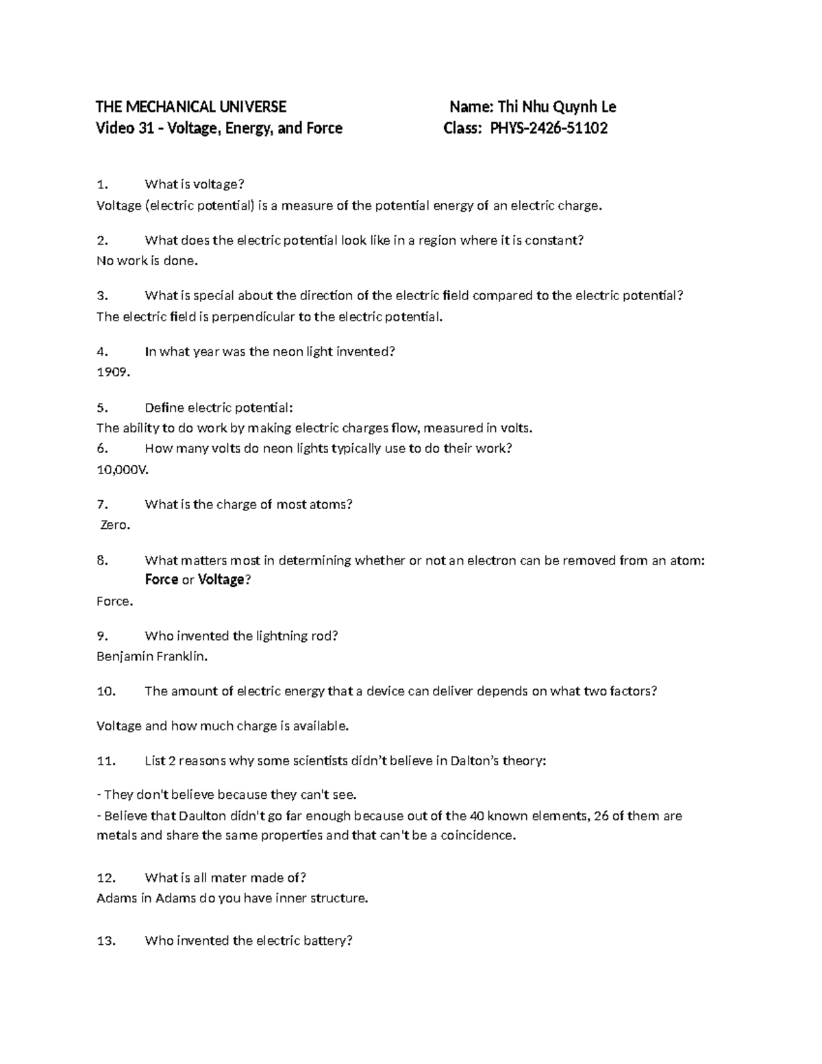 31 - Assignments - THE MECHANICAL UNIVERSE Name: Thi Nhu Quynh Le Video ...