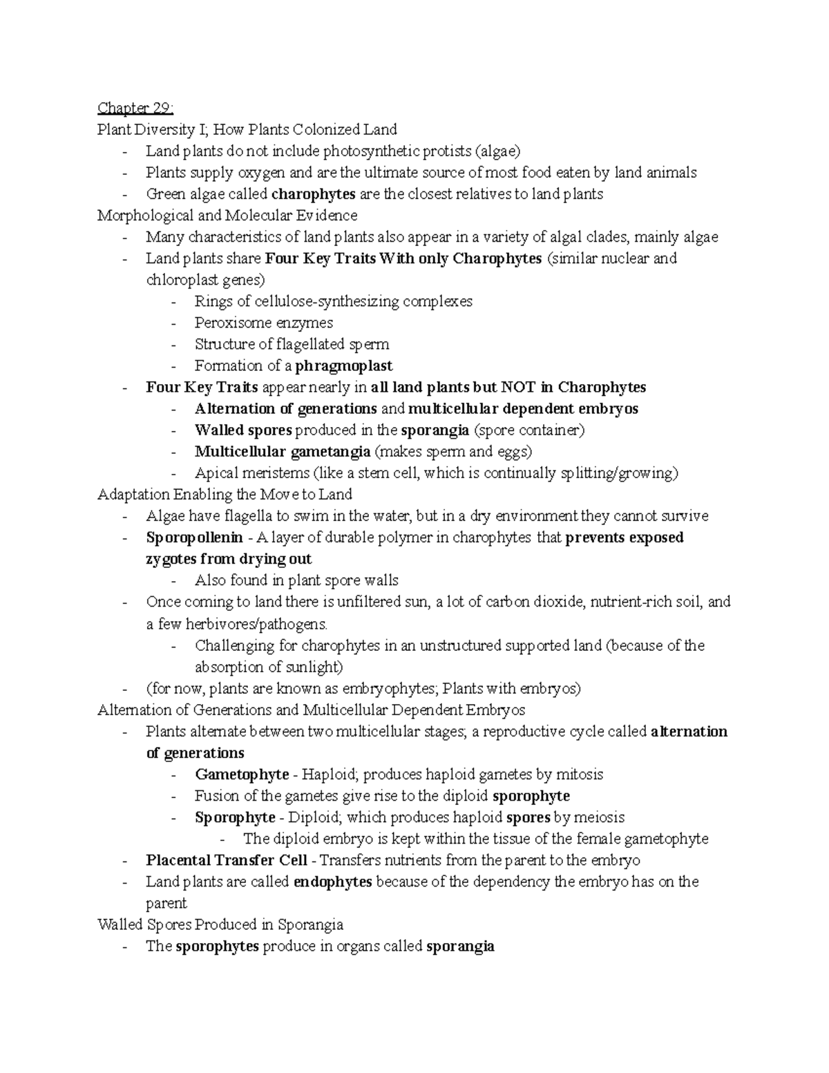 Biology II Lecture Chapter 29 (Plant Diversity I) - Chapter 29: Plant ...