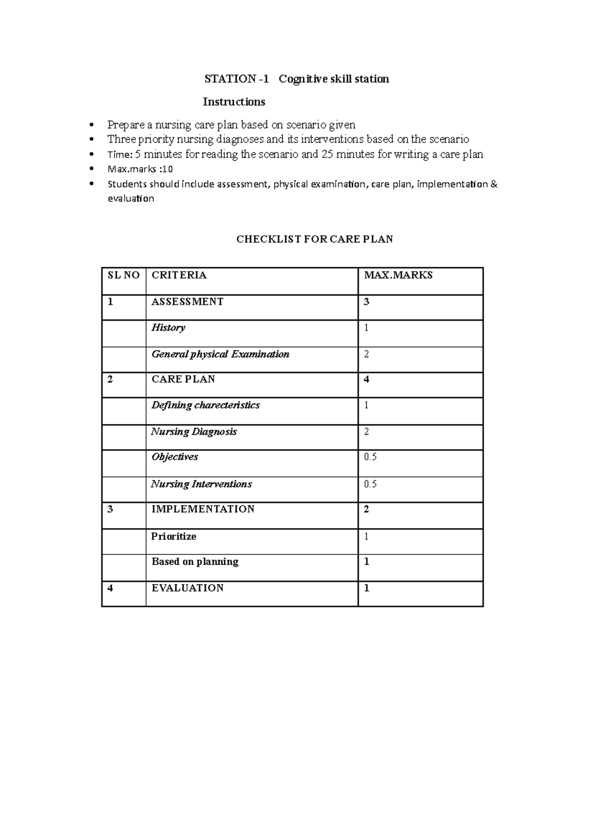 Medsurg OSCE Station - STATION -1 Cognitive skill station Instructions ...