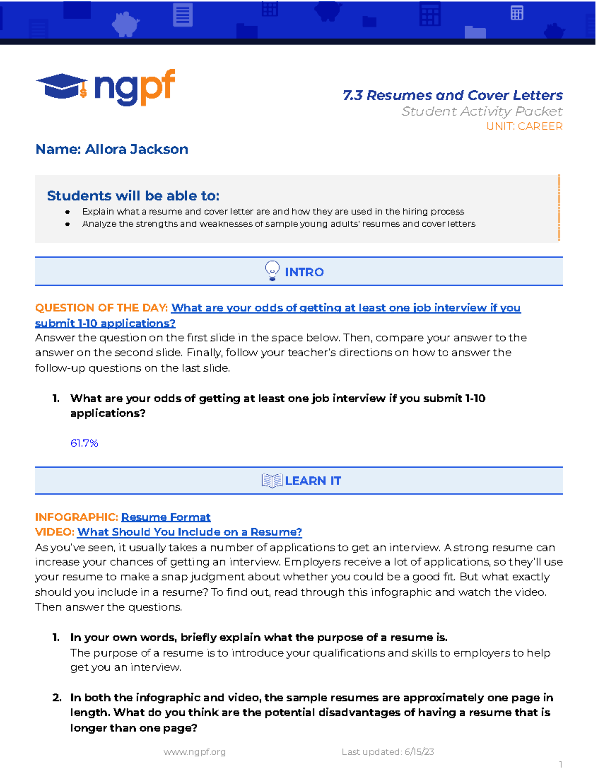 7.3 Student Activity Packet - 7 Resumes and Cover Letters Student ...