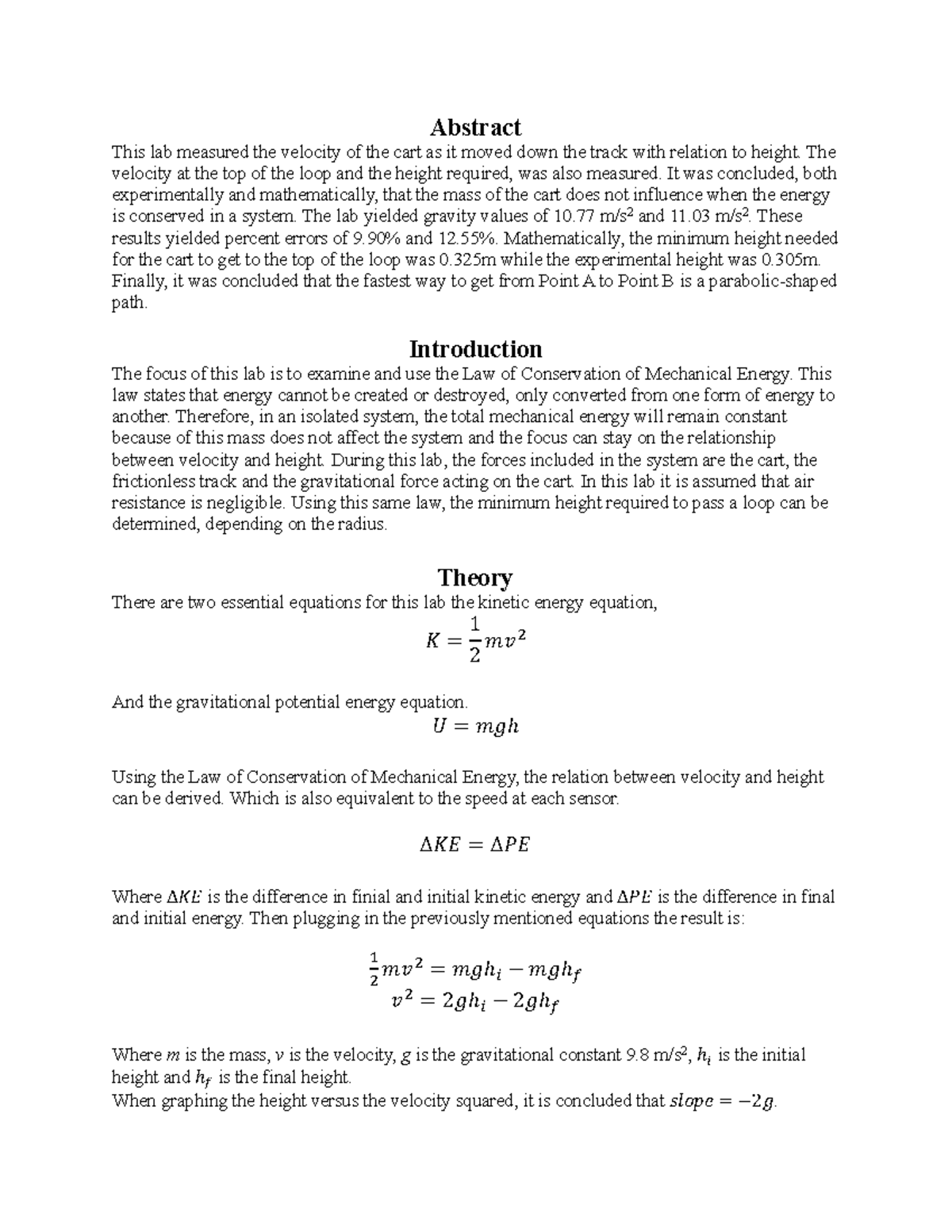 Energy Conservation Lab Report Upload - Abstract This lab measured the ...