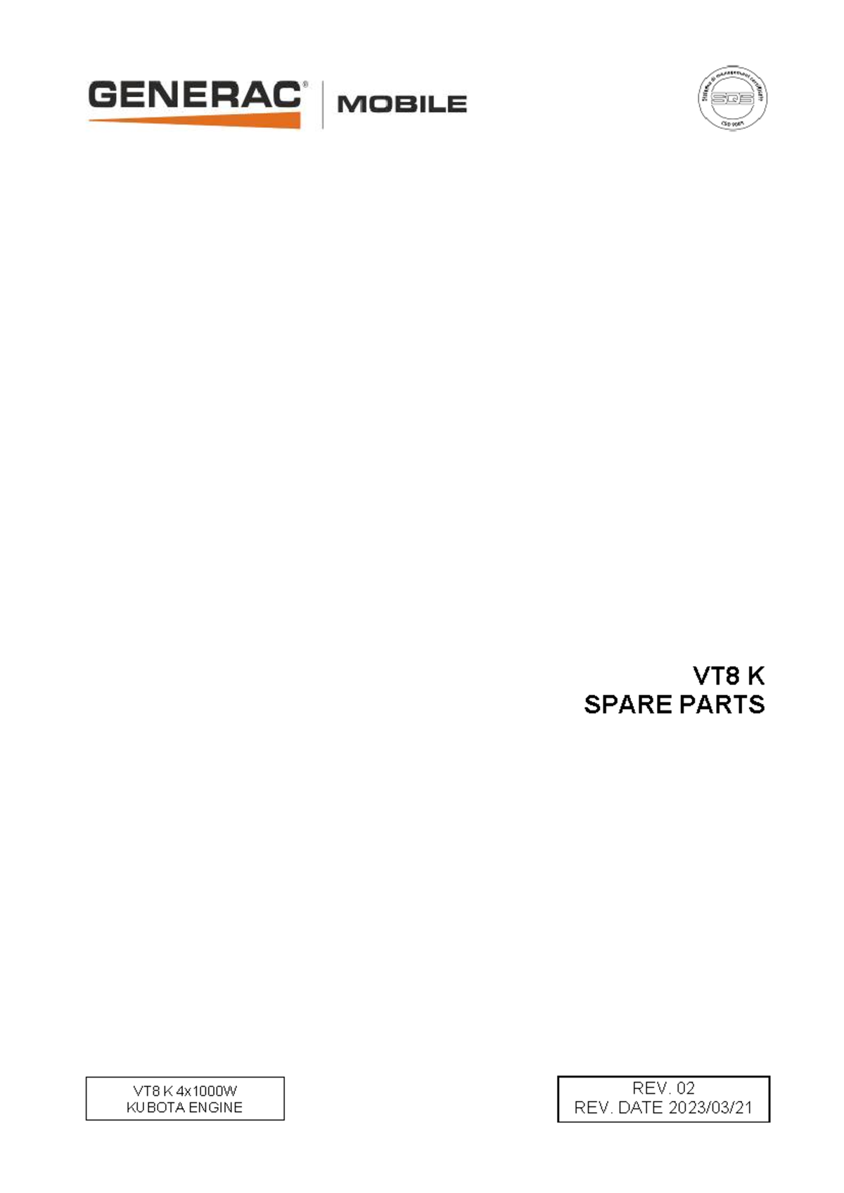 Spare Parts Generac VT8K Unified Rev 02 - REV. 02 REV. DATE 2023/03 ...