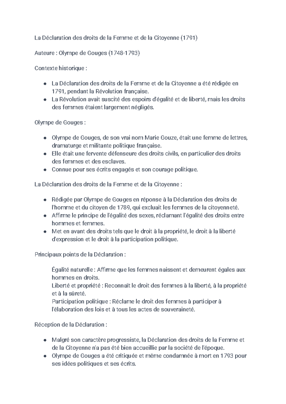 Fiche de revision DDFC - La Déclaration des droits de la Femme et de la ...
