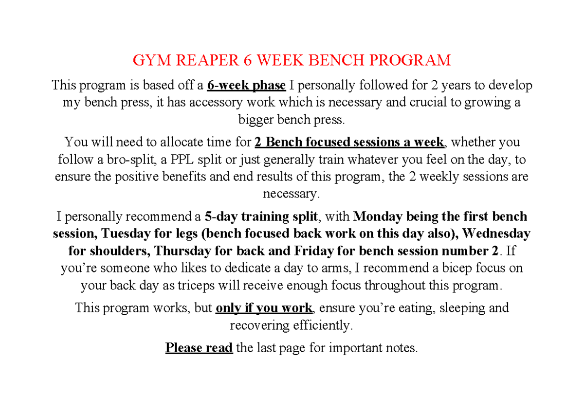 Pdfcoffee - GYM REAPER 6 WEEK BENCH PROGRAM This program is based off a ...