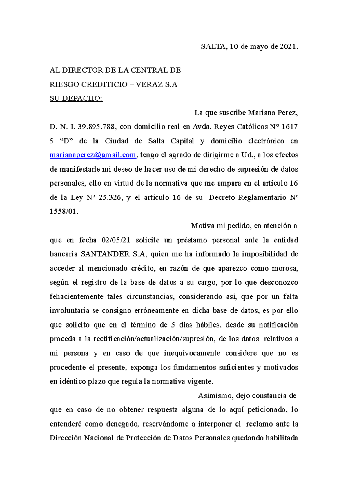 Solicitud DE Supresion DE Datos Personales - SALTA, 10 de mayo de 2021 ...