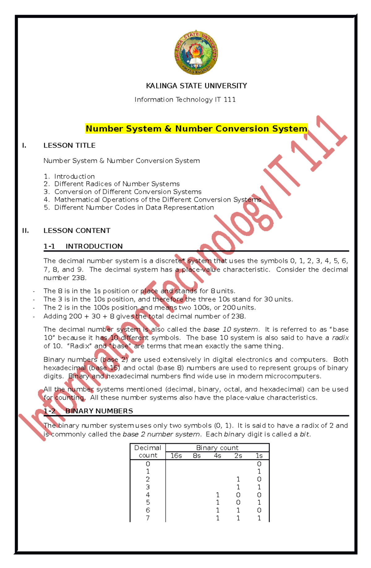 Number System Number Conversion System - KALINGA STATE UNIVERSITY ...