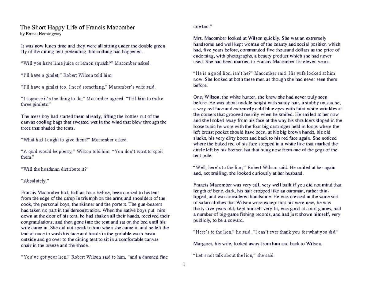 C.) Ernest Hemingway, The Short Happy Life of Francis Macomber - The ...