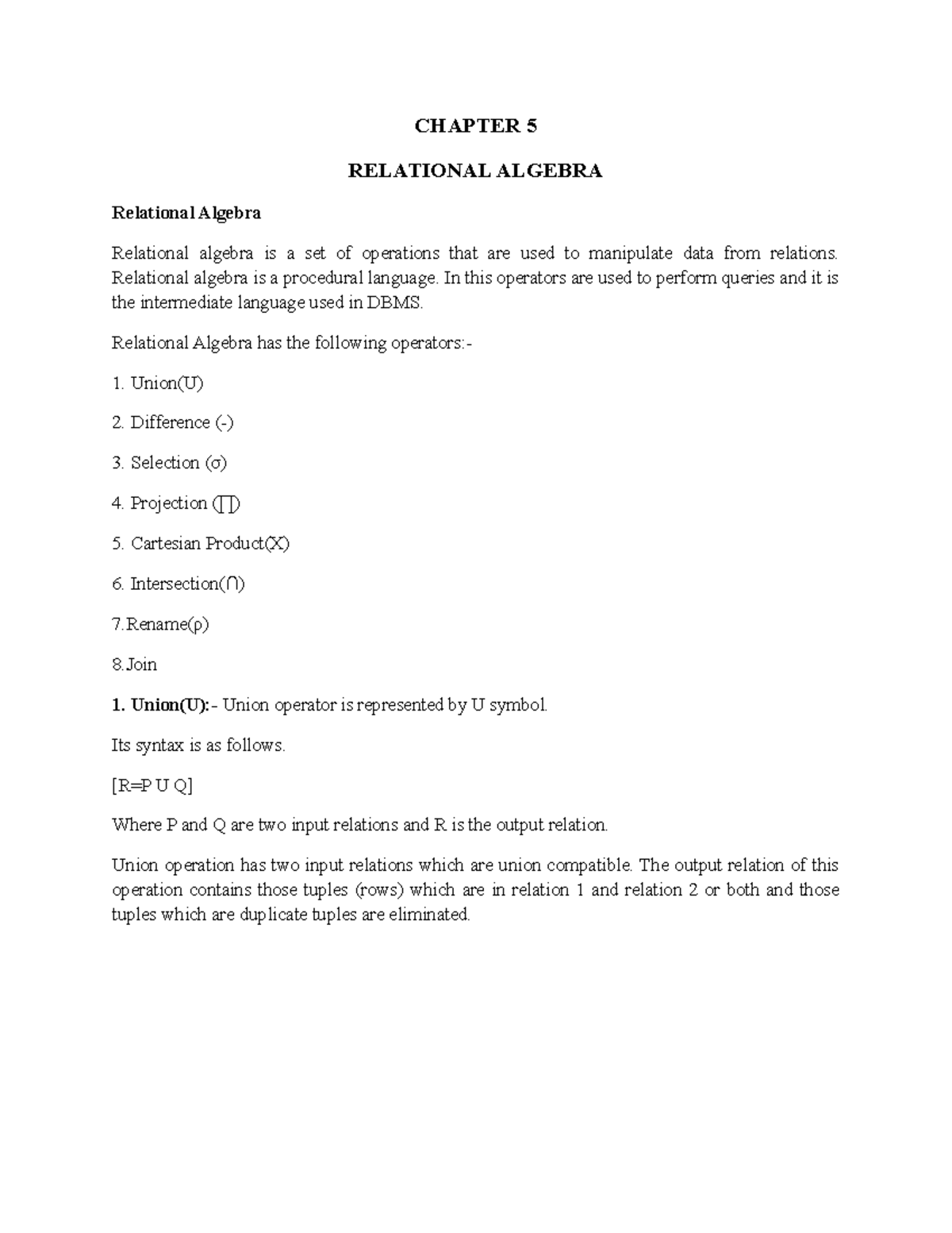 Chapter 5 Relational Algebra - CHAPTER 5 RELATIONAL ALGEBRA Relational ...
