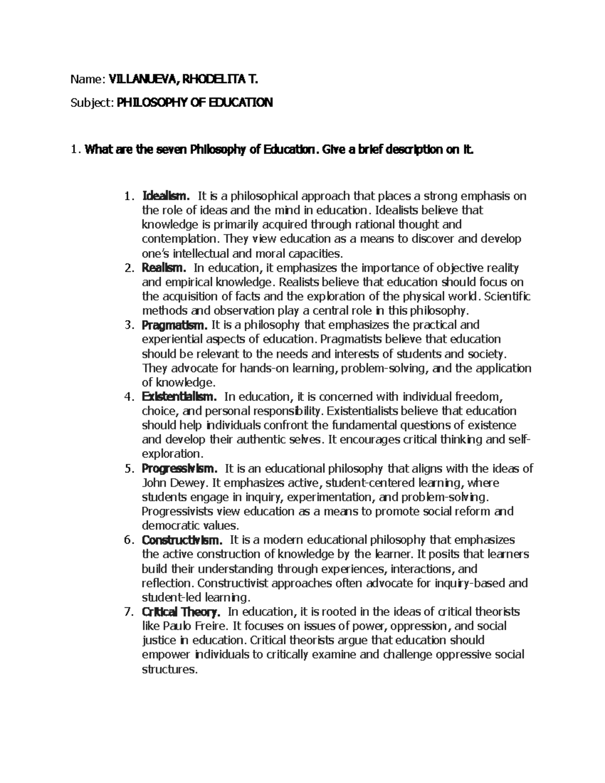 Assignment( Philosophy OF EDUC) - Name: VILLANUEVA, RHODELITA T. Subject: PHILOSOPHY OF ...