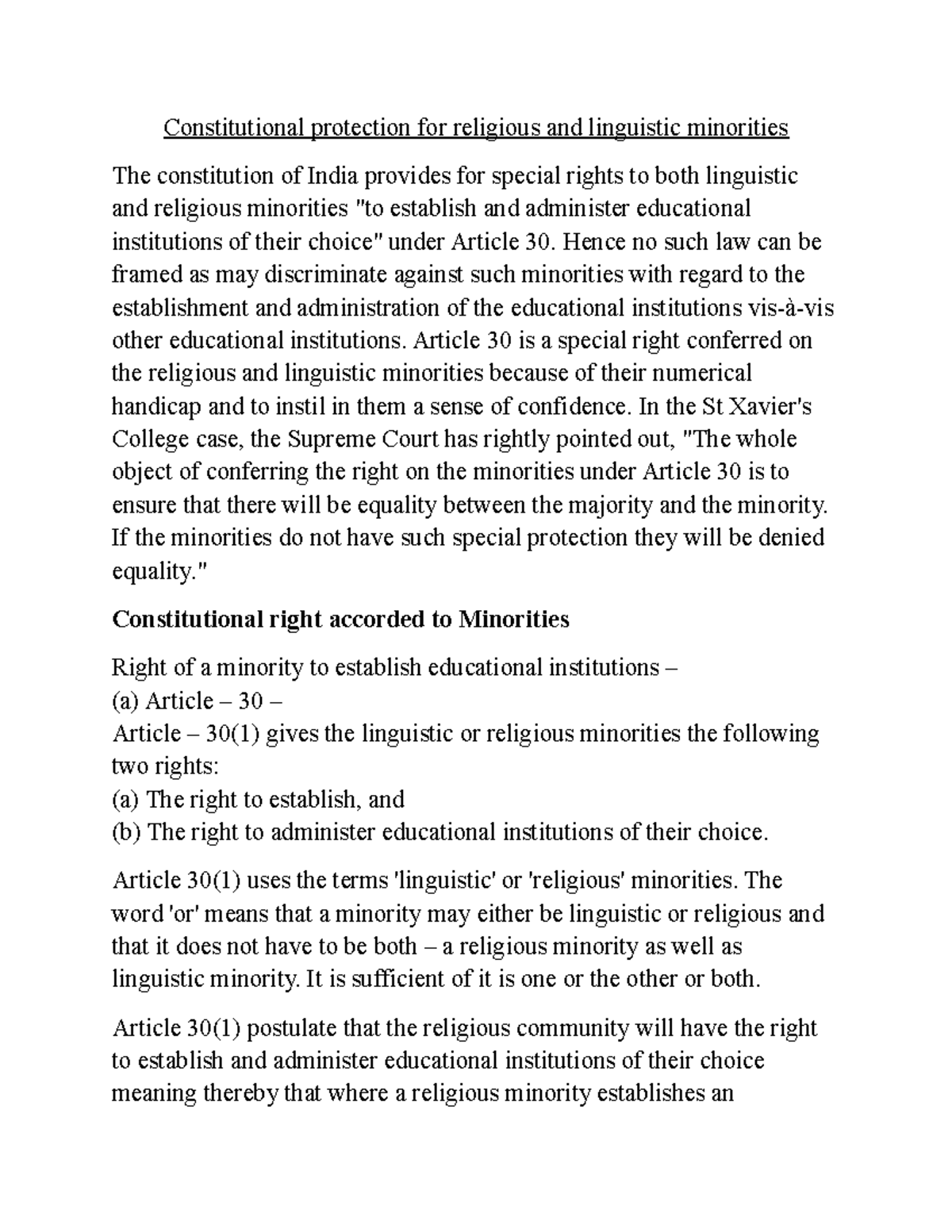 Constitutional protection for religious and linguistic minorities ...