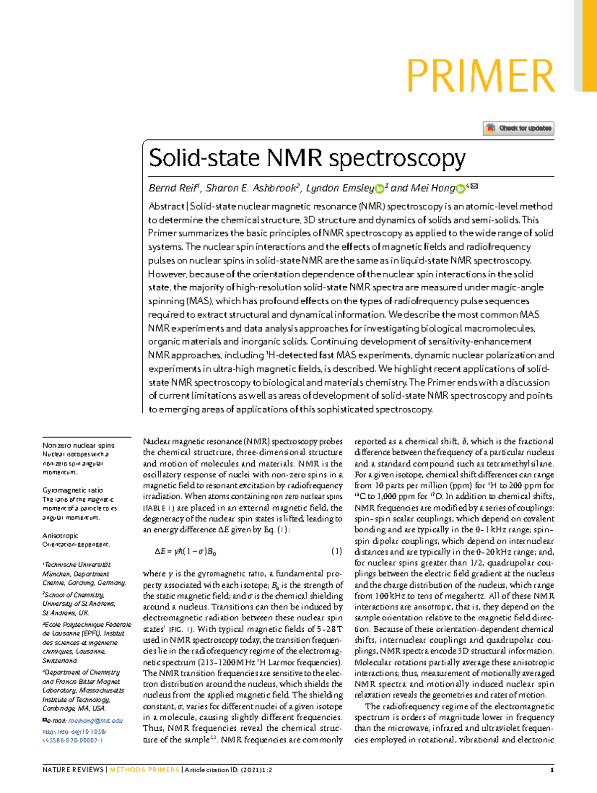 Solidstate NMRreview - Solid state NMR Review preparation paper for ...
