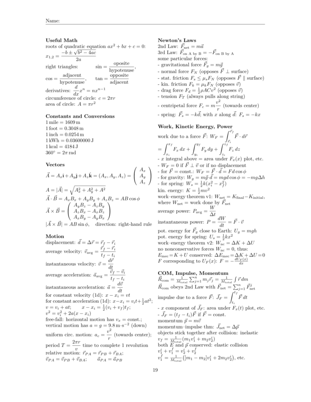 Page1 4 - physics 1 cheat sheet, with formulas. - PHYS-P 201 - Studocu