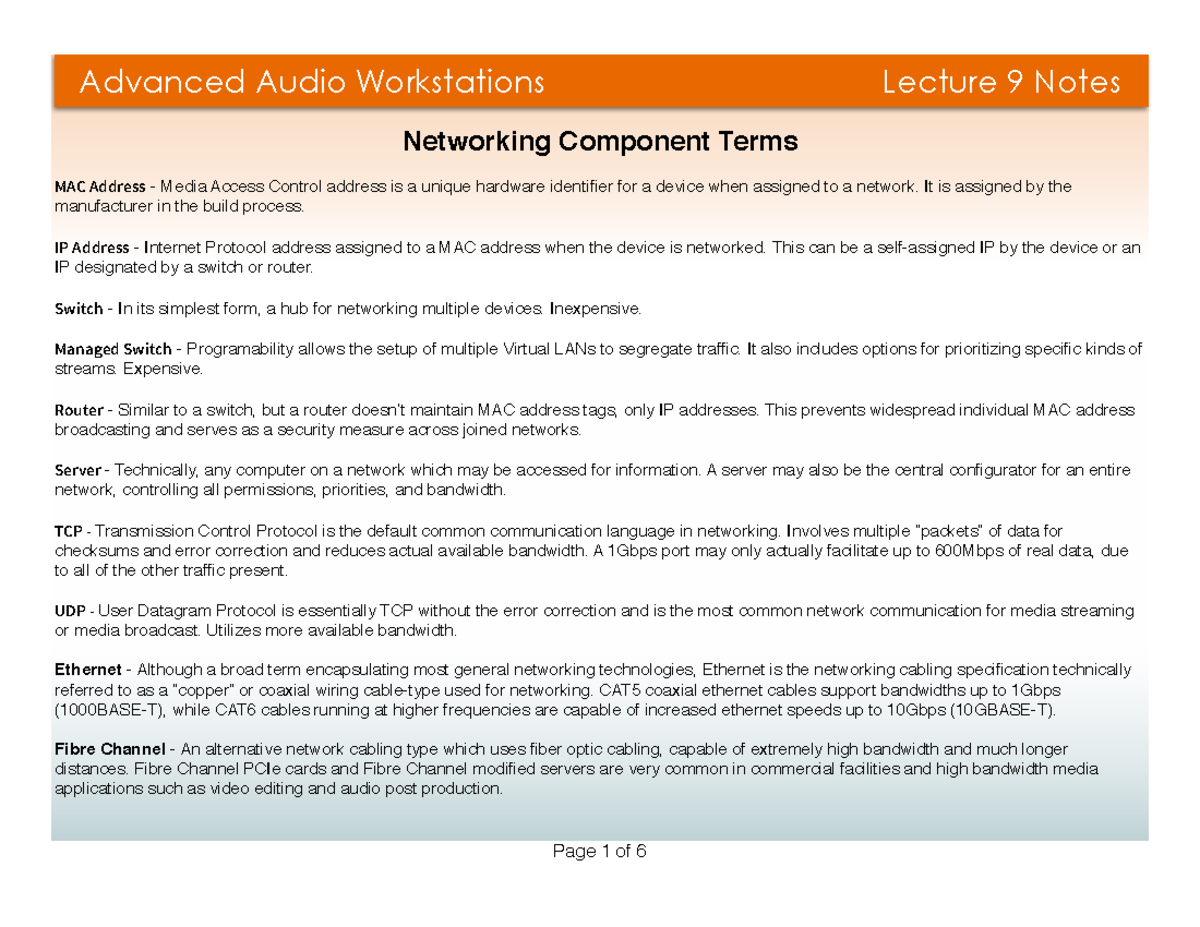 Lecture 10 Notes Network Communication - Advanced Audio Workstations ...