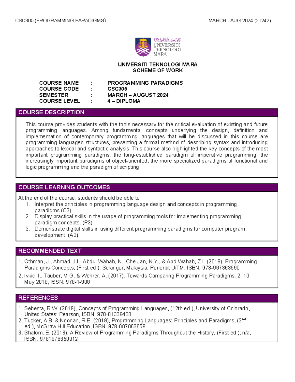 CSC305 SOW March AUG 24 - UNIVERSITI TEKNOLOGI MARA SCHEME OF WORK ...