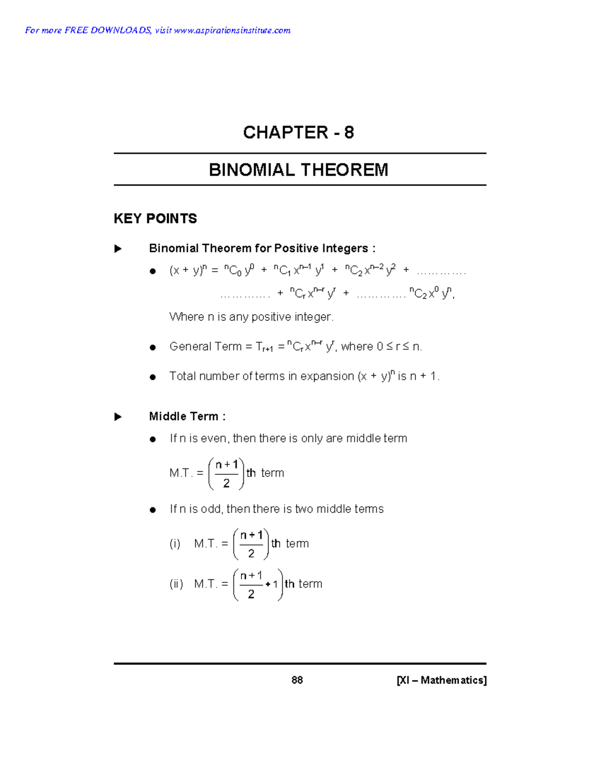 11 Maths Binomial Theorem Notes Assignments - CHAPTER - 8 BINOMIAL ...