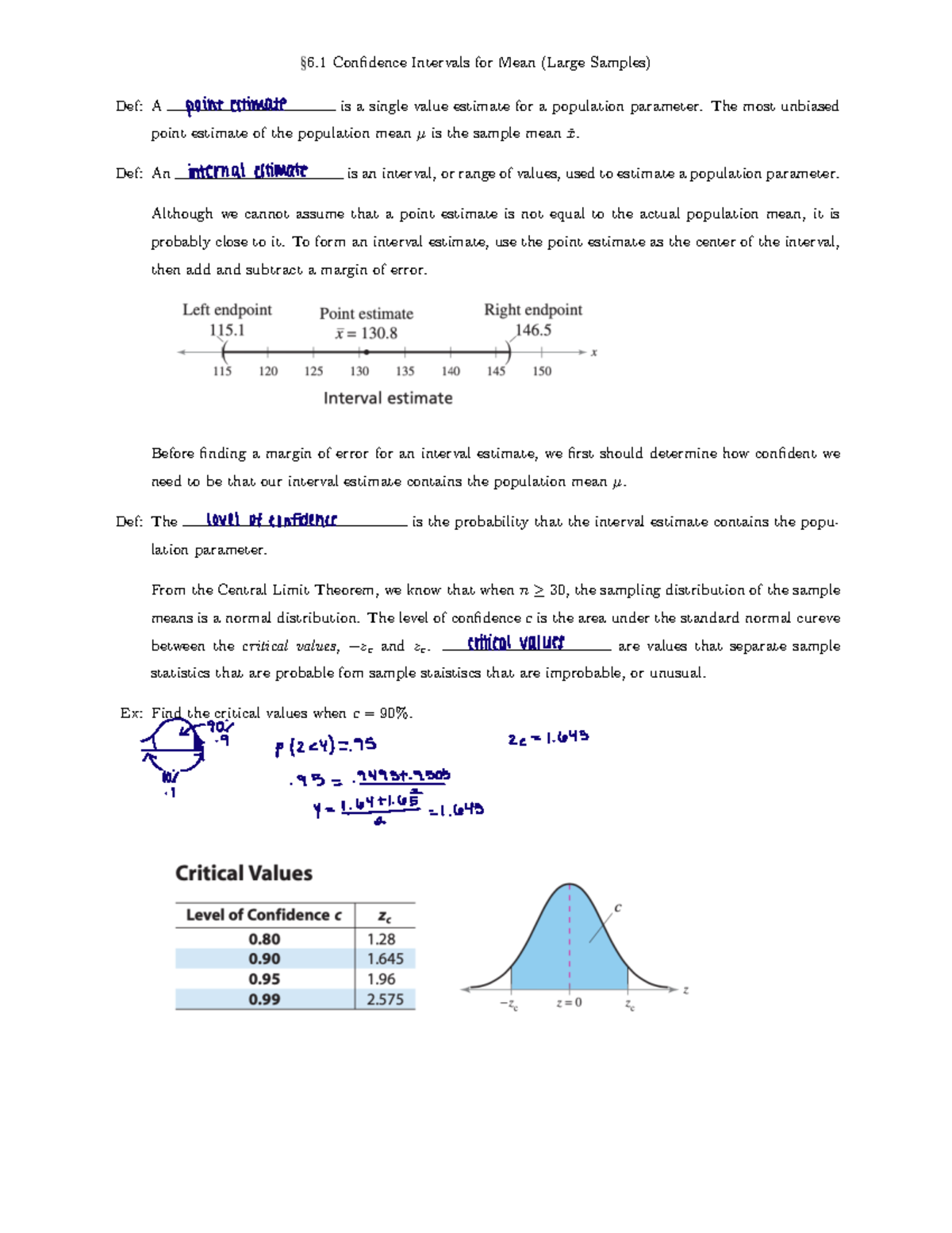 Stats test 3 notes 2 - 6 Confidence Intervals for Mean (Large Samples ...