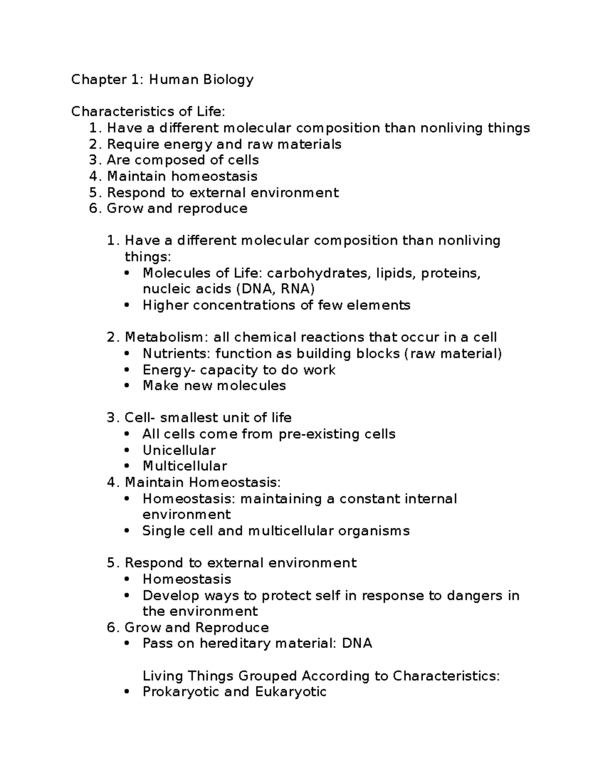 Chapter 1 Notes - Chapter 1: Human Biology Characteristics of Life: 1 ...