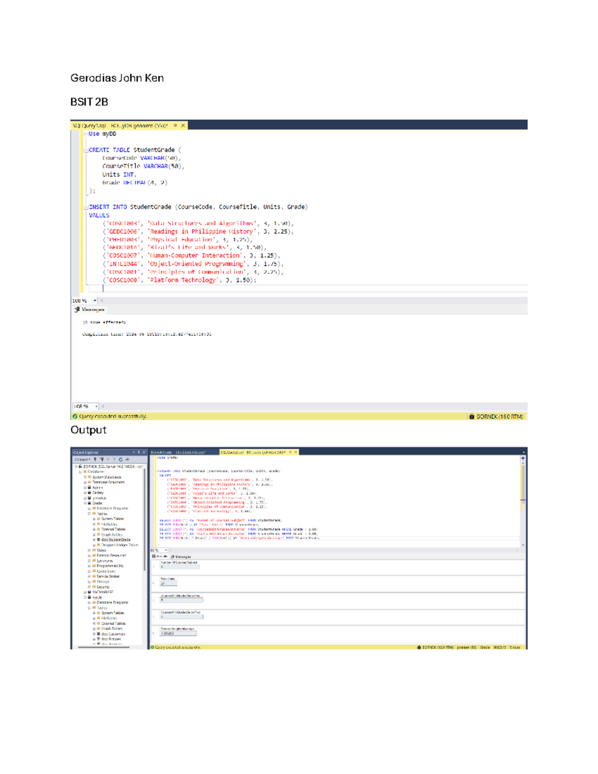 08 Task Performance 1 - ARG - Gerodias John Ken BSIT 2B SQLQuery1 BO.. (johnken Use myDB CREATE ...