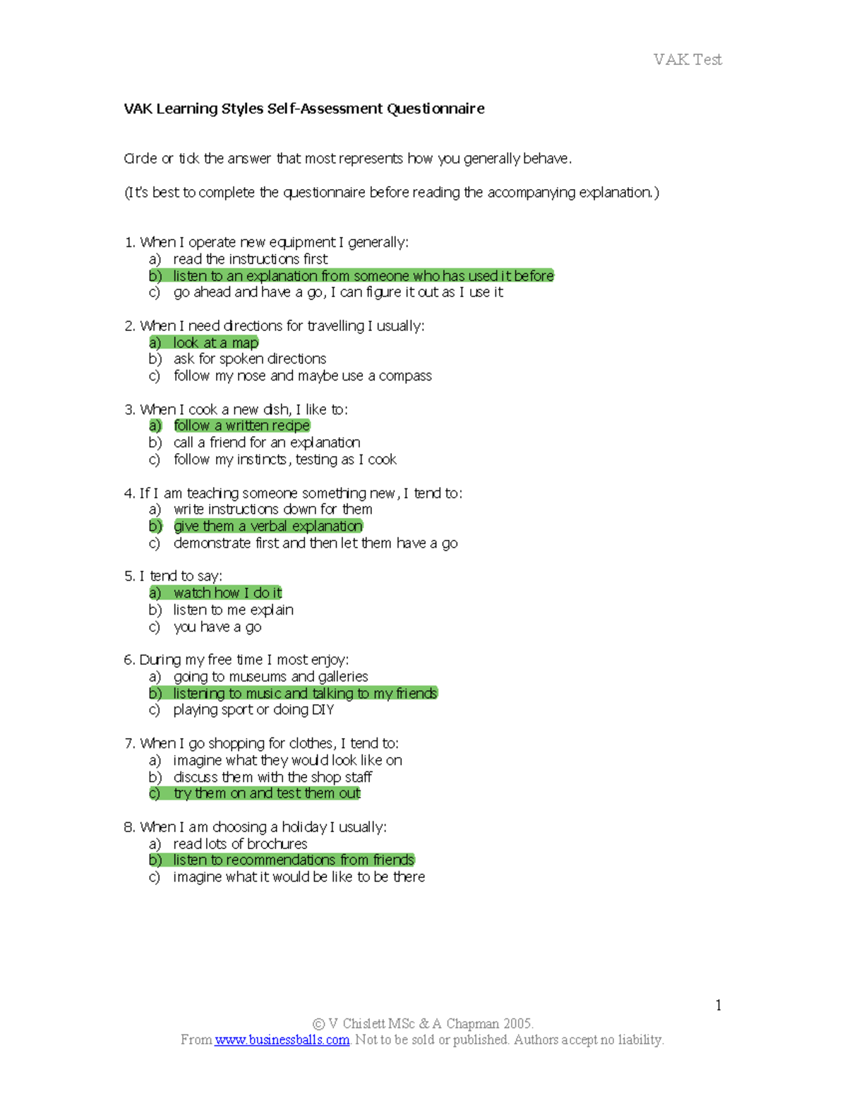 Vak learning styles questionnaire - VAK Learning Styles Self-Assessment ...