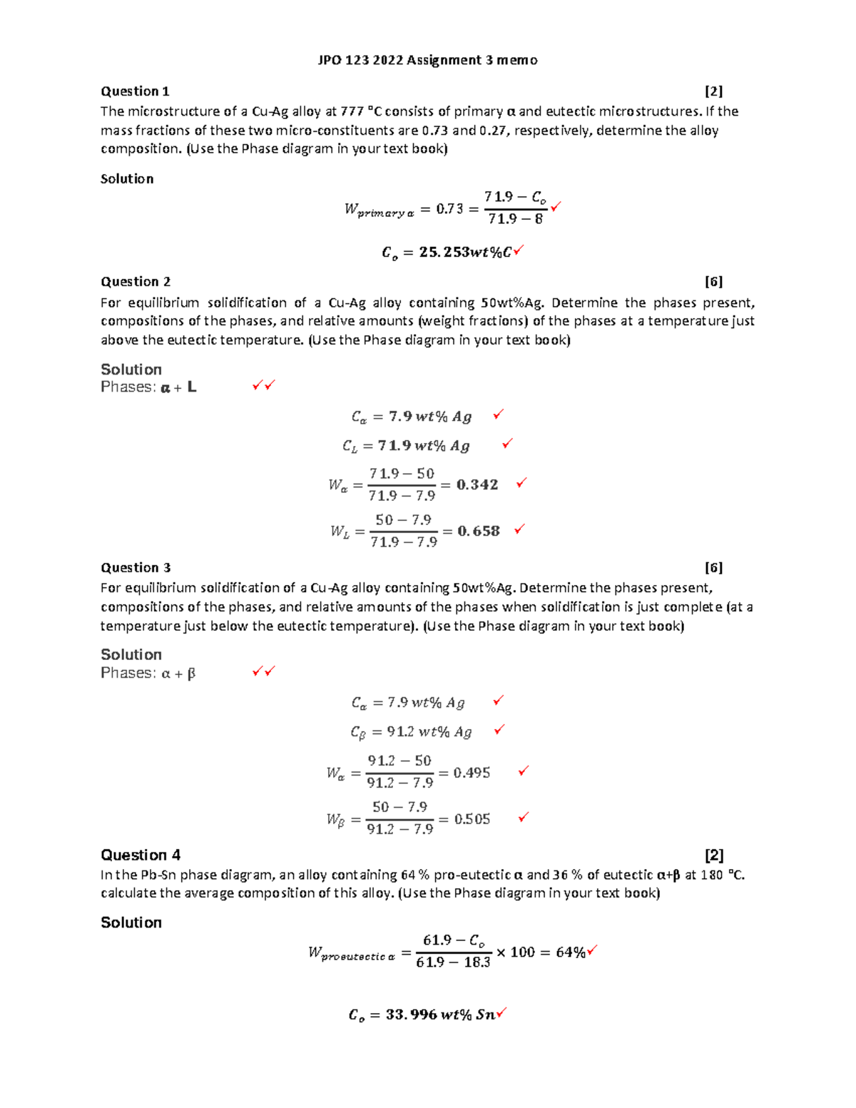 JPO 123 Assignment 3 memo 2023 - Binary Phase Diagrams - JPO 123 2022 Assignment 3 memo Question ...