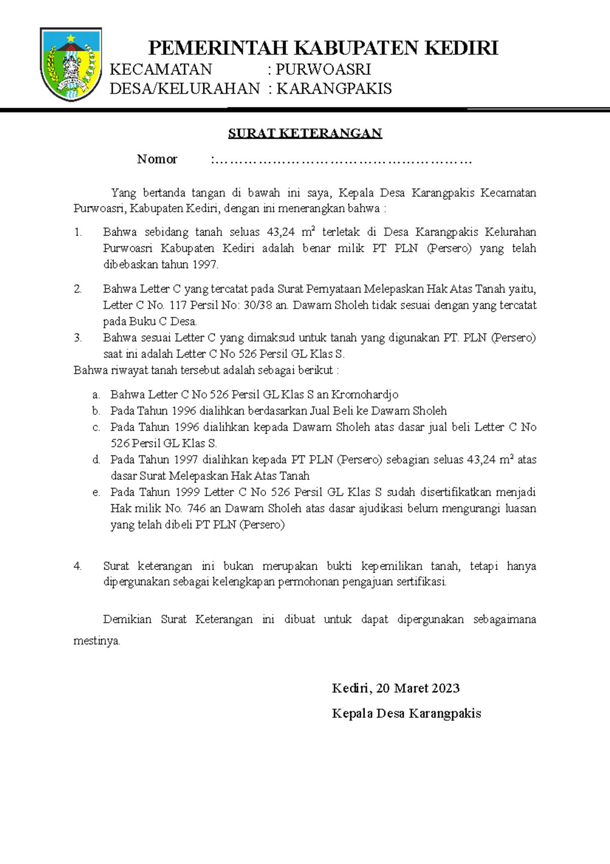 Surat Keterangan SHM - kediri - PEMERINTAH KABUPATEN KEDIRI KECAMATAN ...