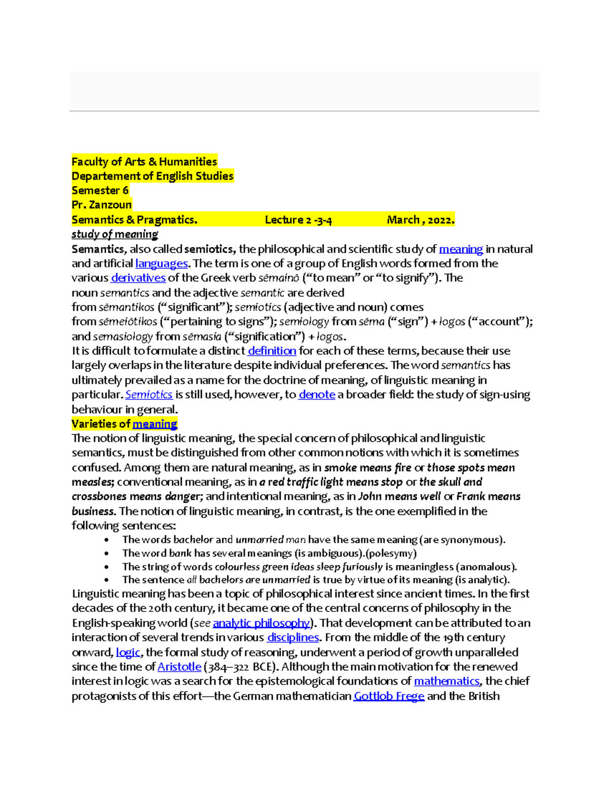 Semantics an Pragmatics lectures - Faculty of Arts & Humanities ...