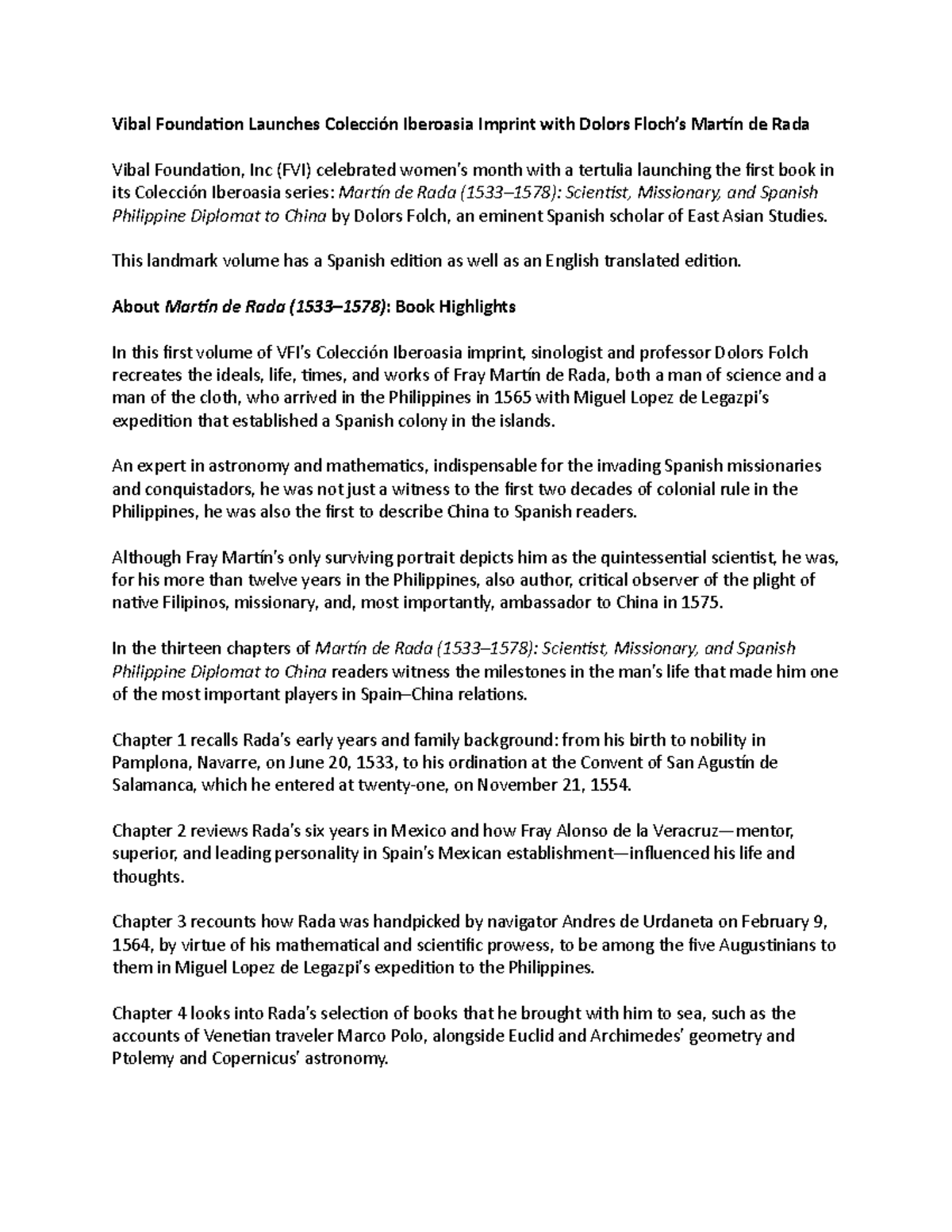 VF - Martin de Rada - A book review and summary for a press release for ...