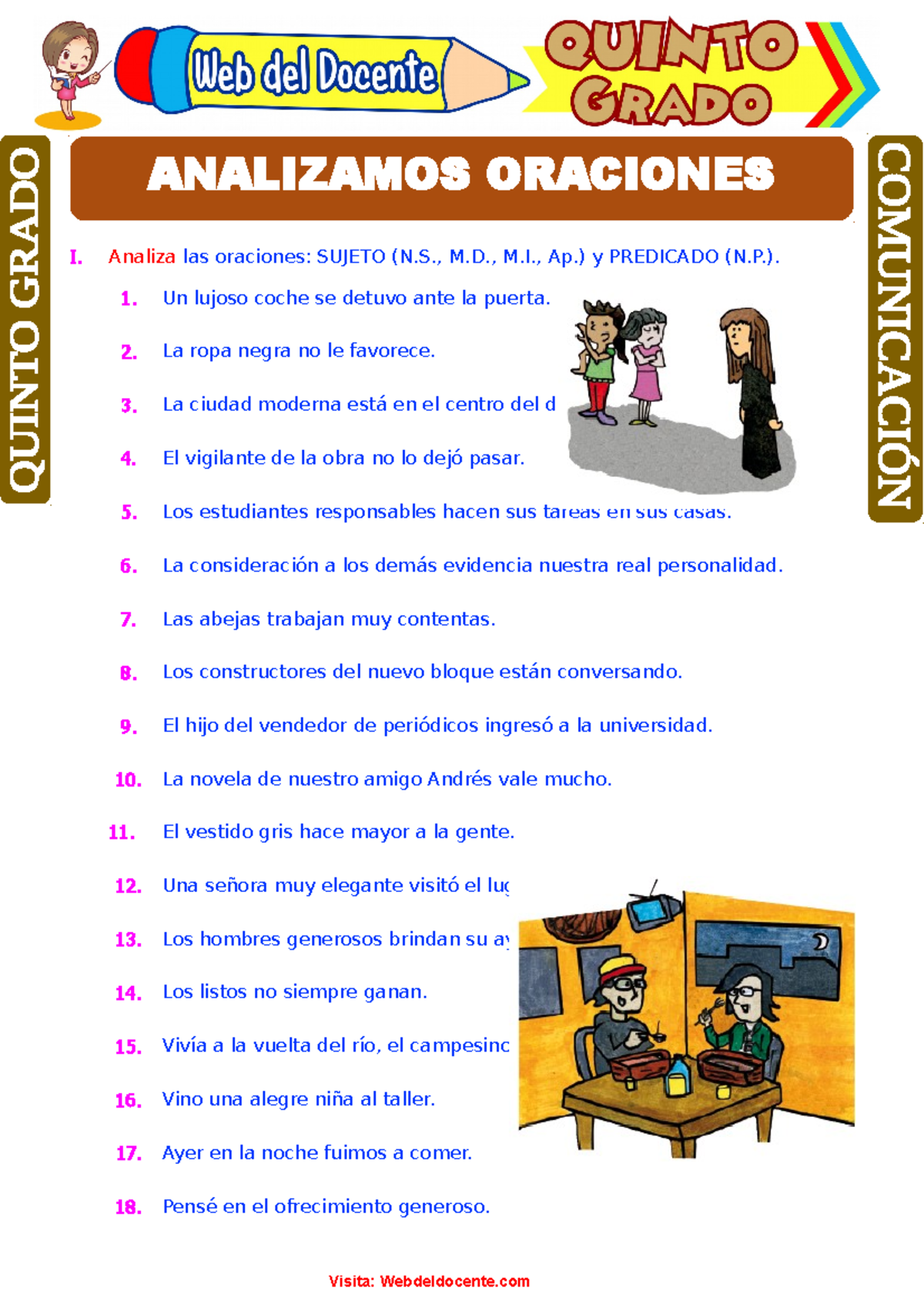 Analizamos Oraciones para Quinto Grado de Primaria - I. Analiza las ...