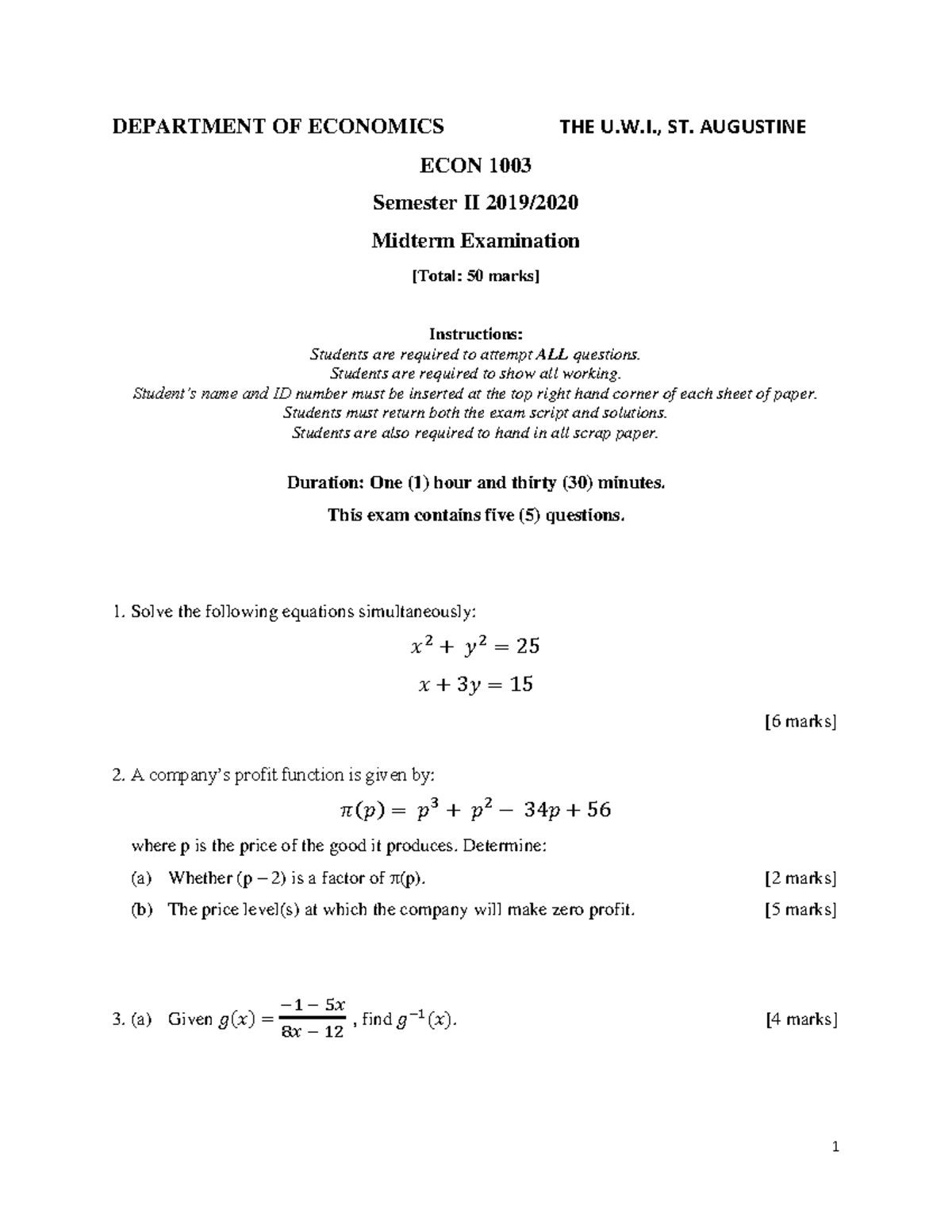 ECON1003 - 2019-2020 Sem II Midterm Exam - 1 DEPARTMENT OF ECONOMICS ...