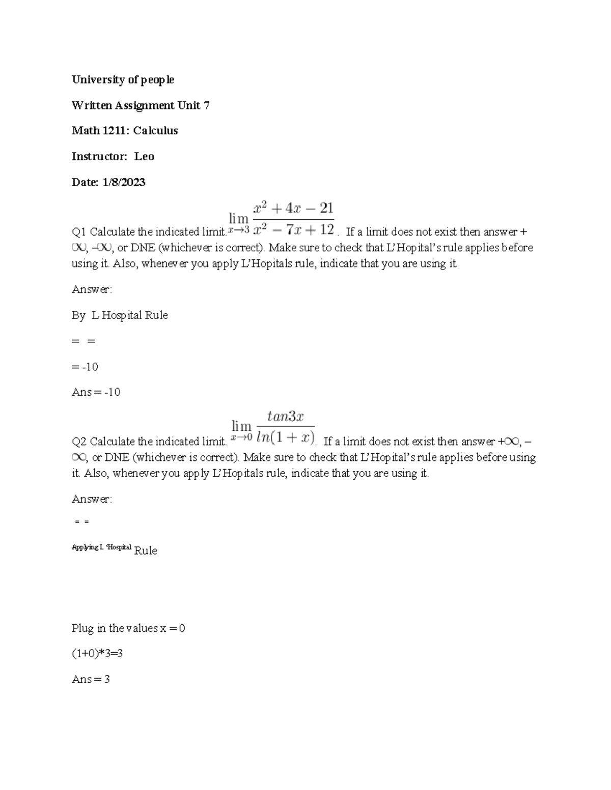 Written Assignment Unit7 - University of people Written Assignment Unit 7 Math 1211: Calculus ...