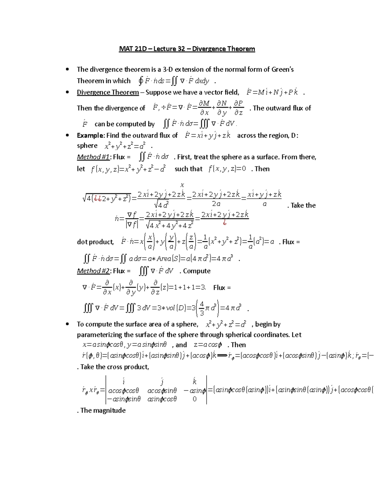 MAT 21D – Lecture 32 – Divergence Theorem - MAT 21D – Lecture 32 – Divergence Theorem The - Studocu