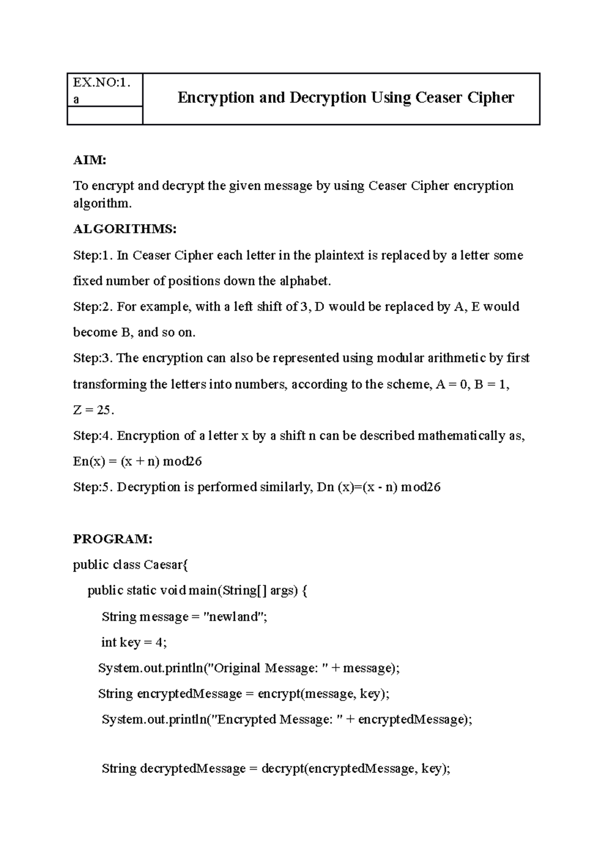 assignment submitted - EX:1. a Encryption and Decryption Using Ceaser Cipher AIM: To encrypt and ...