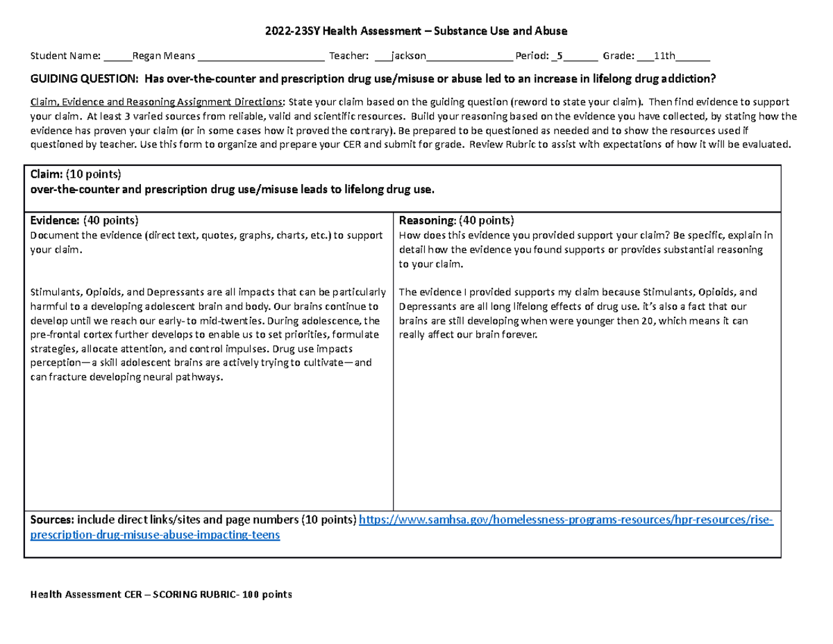 CER - Substance Use and Abuse - 2022-23SY - 2022-23SY Health Assessment ...
