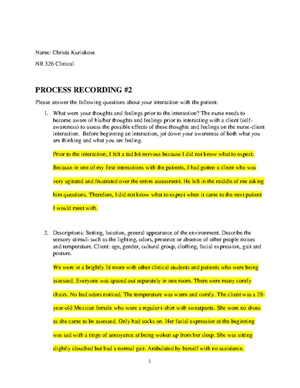 (NR 326) Clinical Process Recording 2 - Name: Christa Kuriakose NR 326 Clinical PROCESS ...