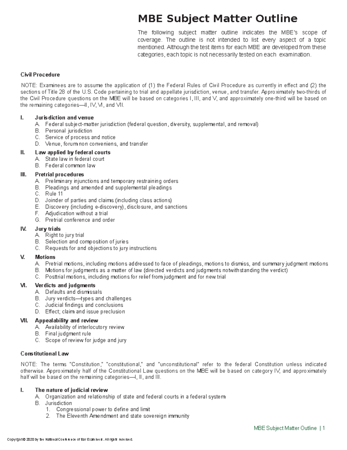 NCBE MBE Civil Procedure Subject Matter Outline - MBE Subject Matter ...