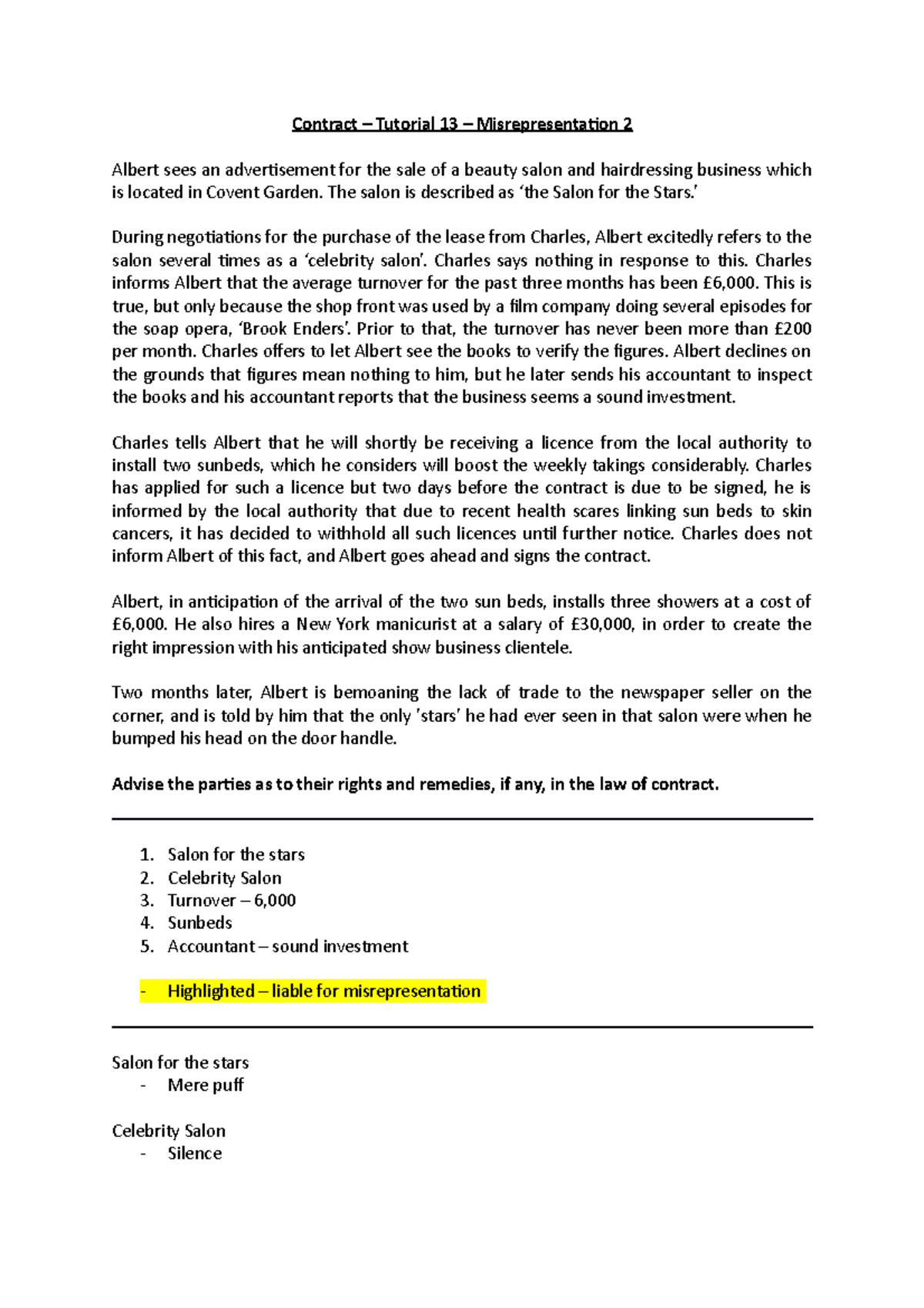 Contract – tutorial 13 – Misrepresentation 2 - Contract – Tutorial 13 – Misrepresentation 2 ...